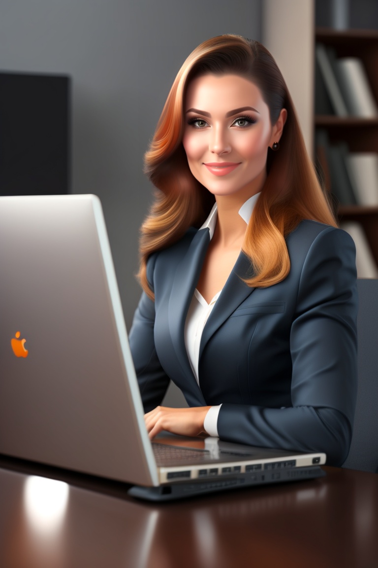 Lexica - Female boss behind the computer , Look at the camera