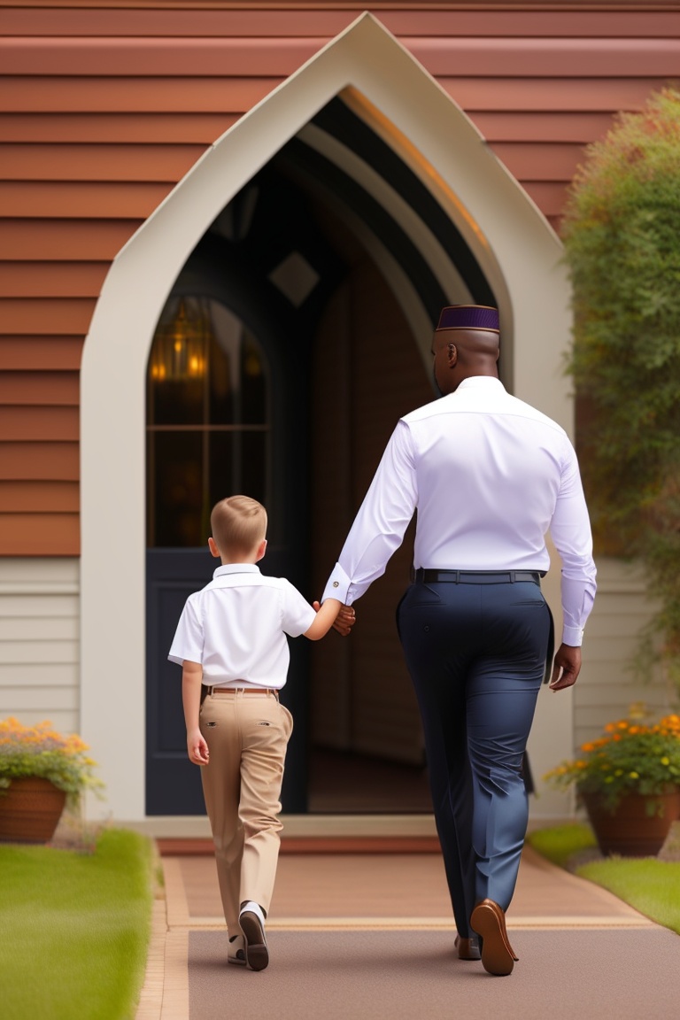 Lexica - Father and son going to the church, the church must be white