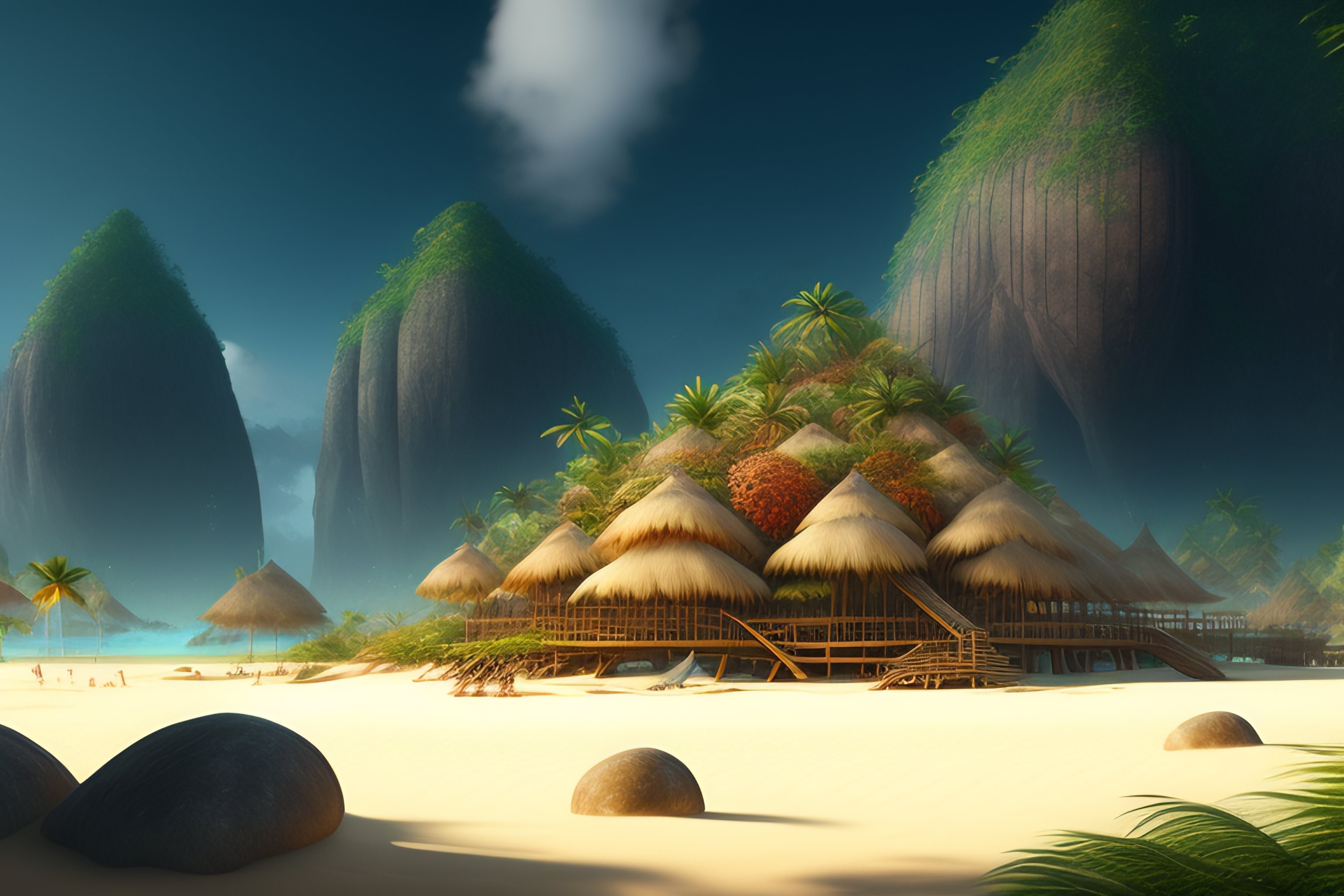 Lexica - Giant elven amerindian hut bamboo on tropical island beach ...