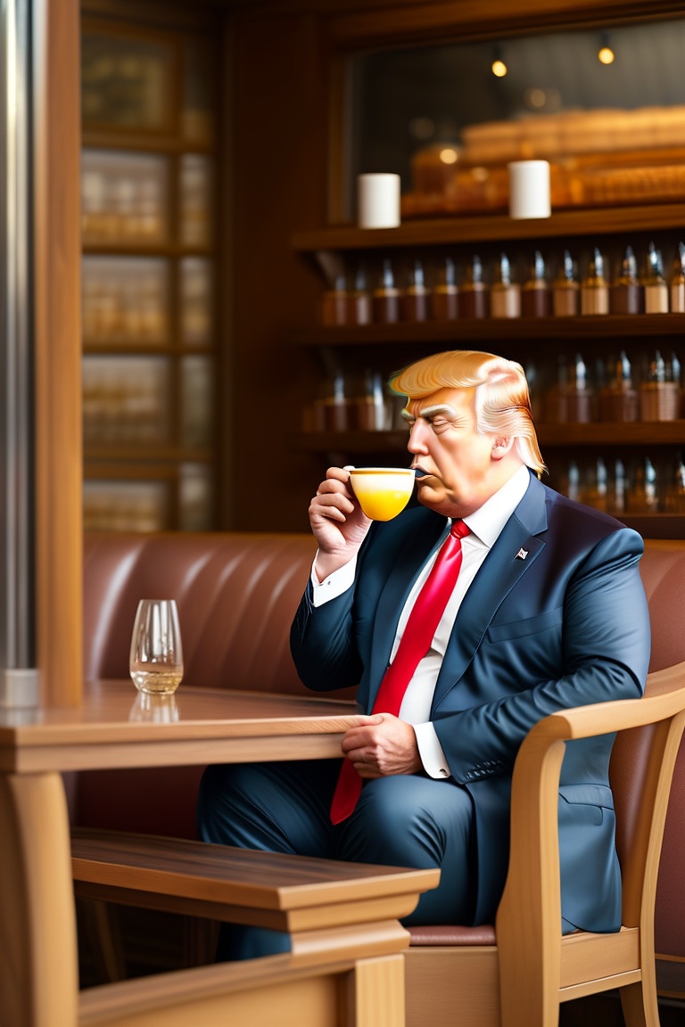 Lexica - (Donald Trump), in a local tea shop, sitting in a wooden bench ...