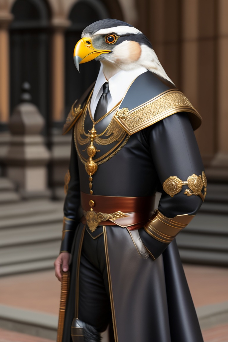 Lexica - Anthropomorphic hawk in a bodyguard black suit, background palace