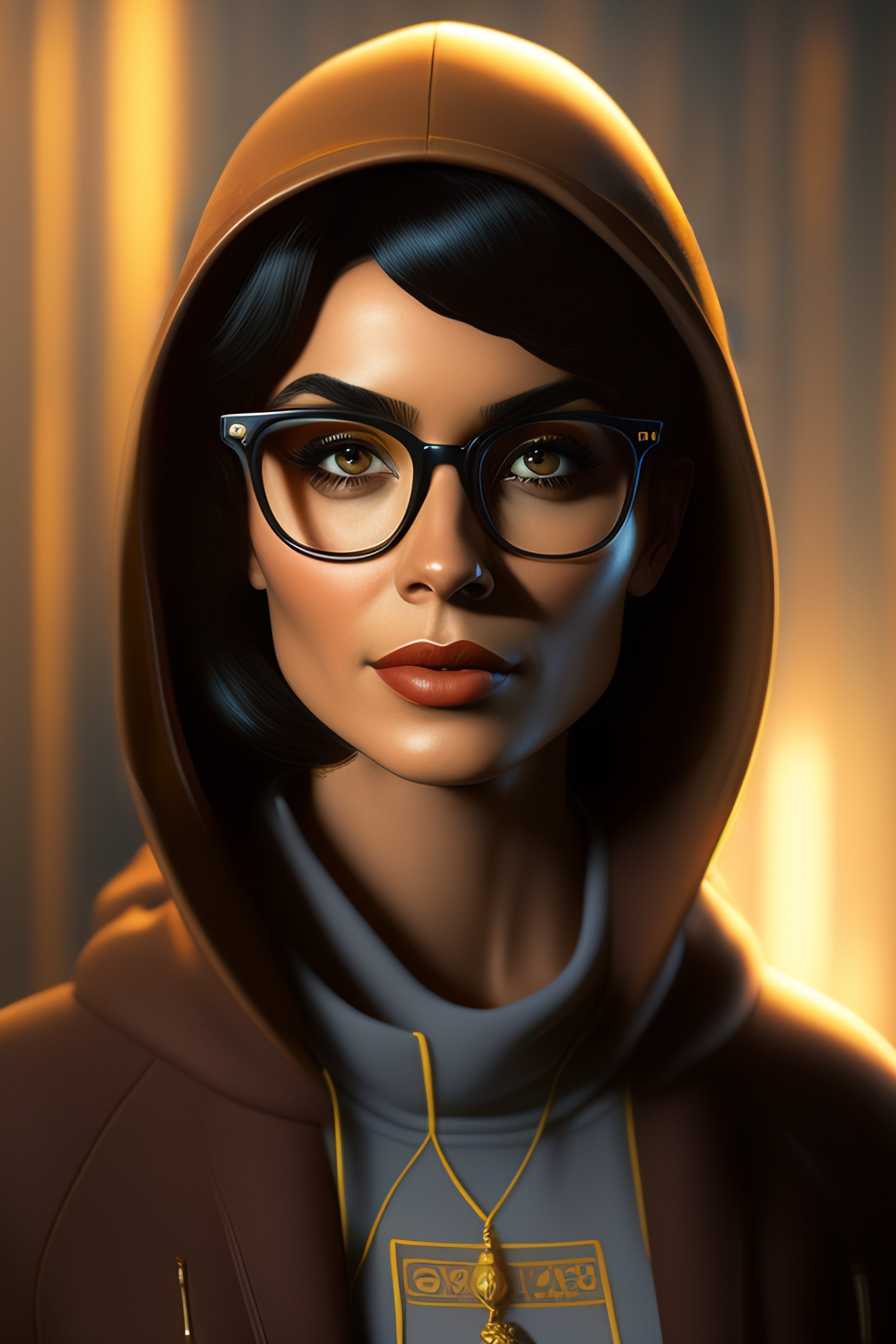 Lexica - Amina's character with big glasses, dark brown, long dark hair ...