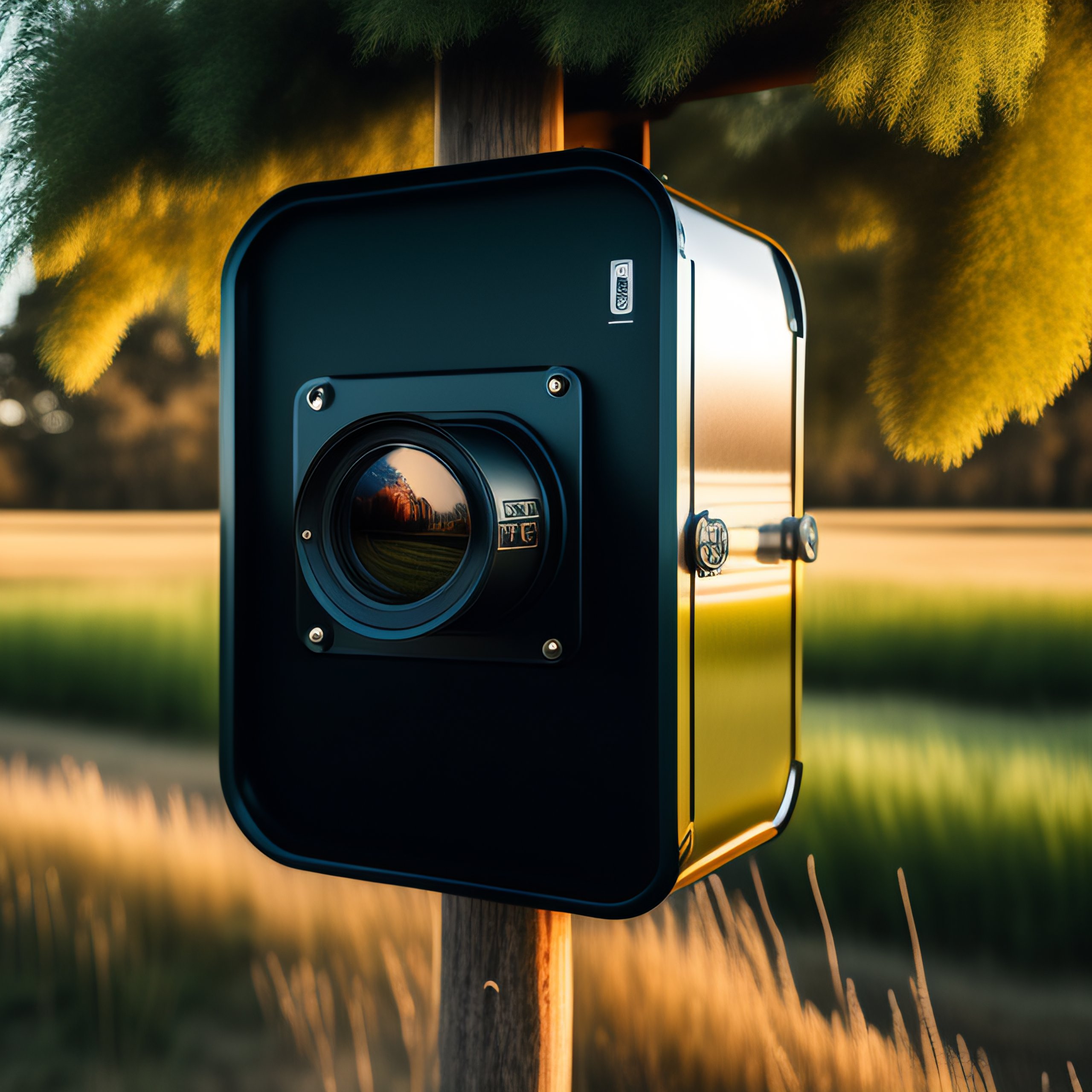 Lexica - A camera box mounted on a tall pole along a dirt road in the ...
