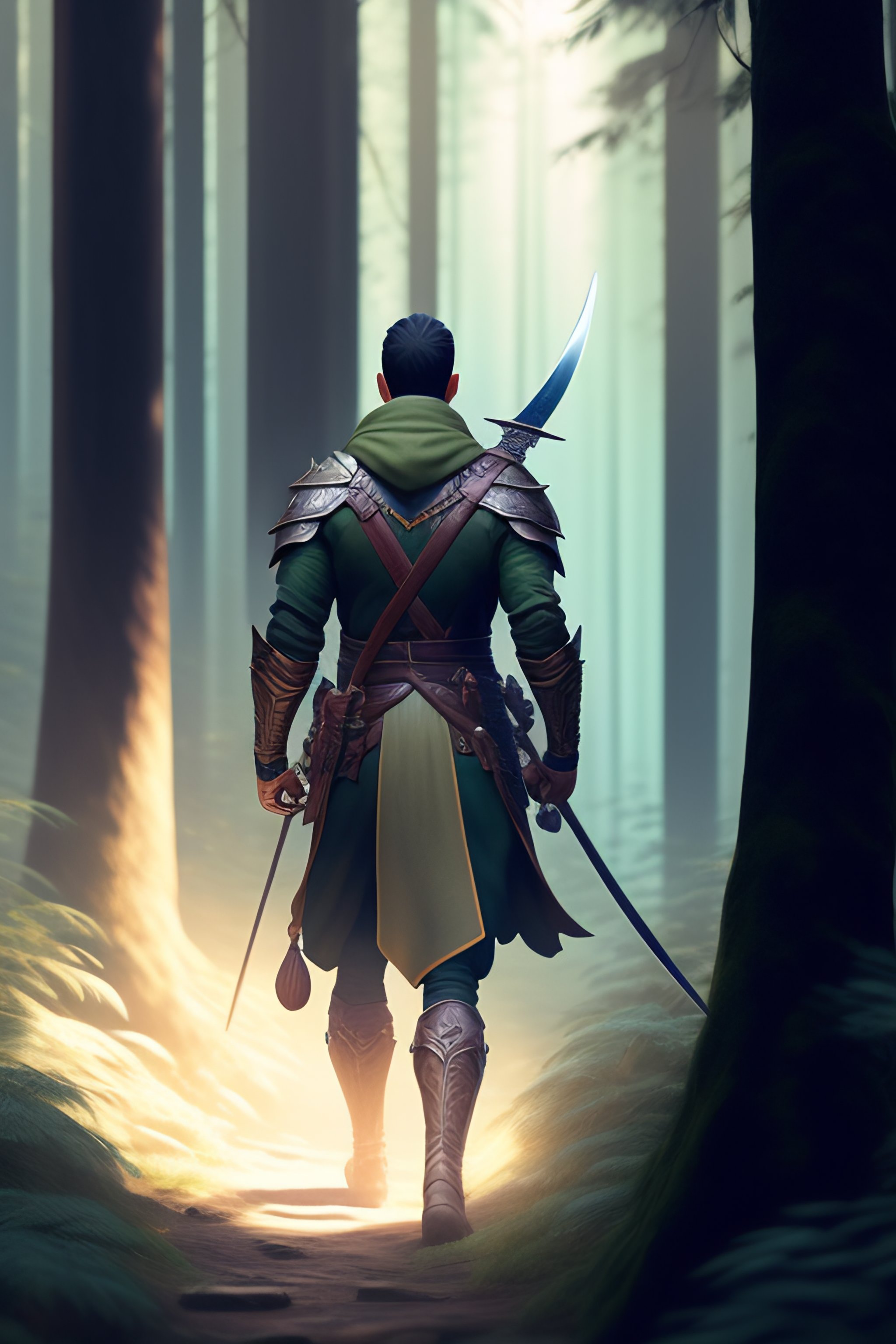 Lexica - A ranger, sword and bow in hand, entering a forest clearing ...