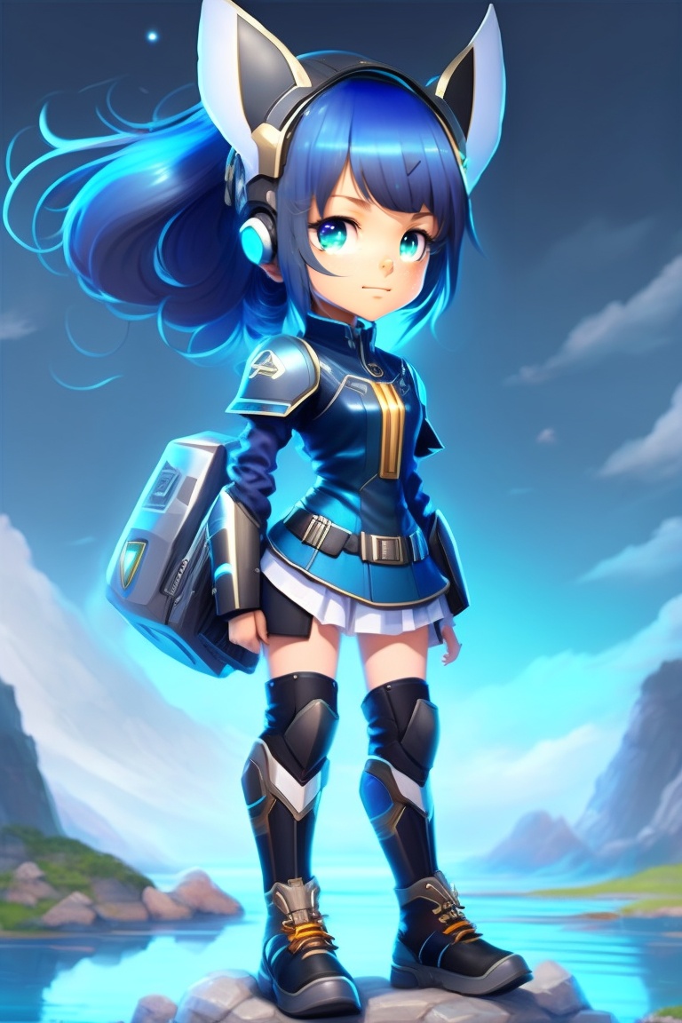 Lexica - Black and blue mecha, 11-year-old girl, elf ears, black hair ...