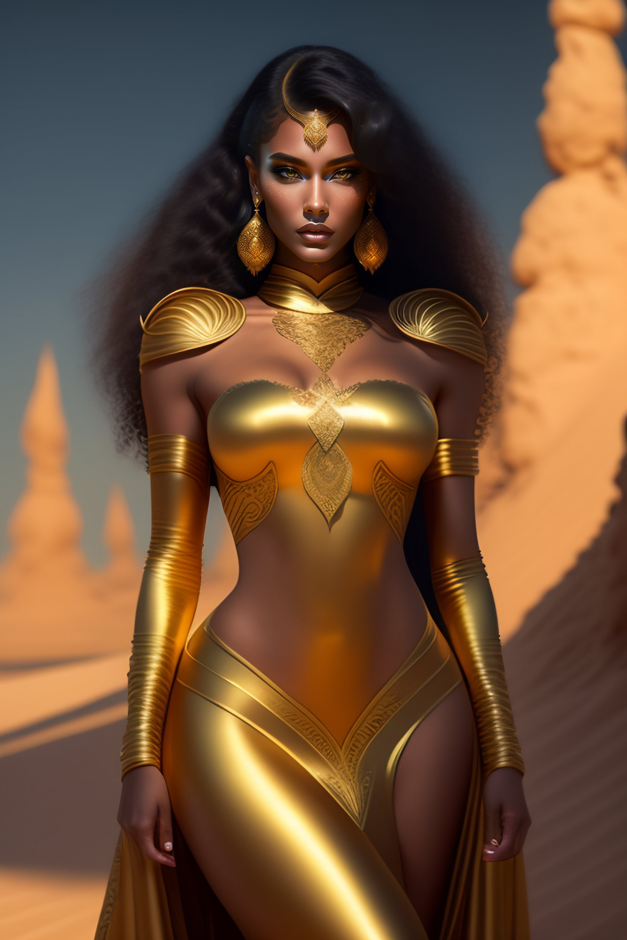 Lexica - A beautiful cinematic female sand goddess, golden dress, glow ...