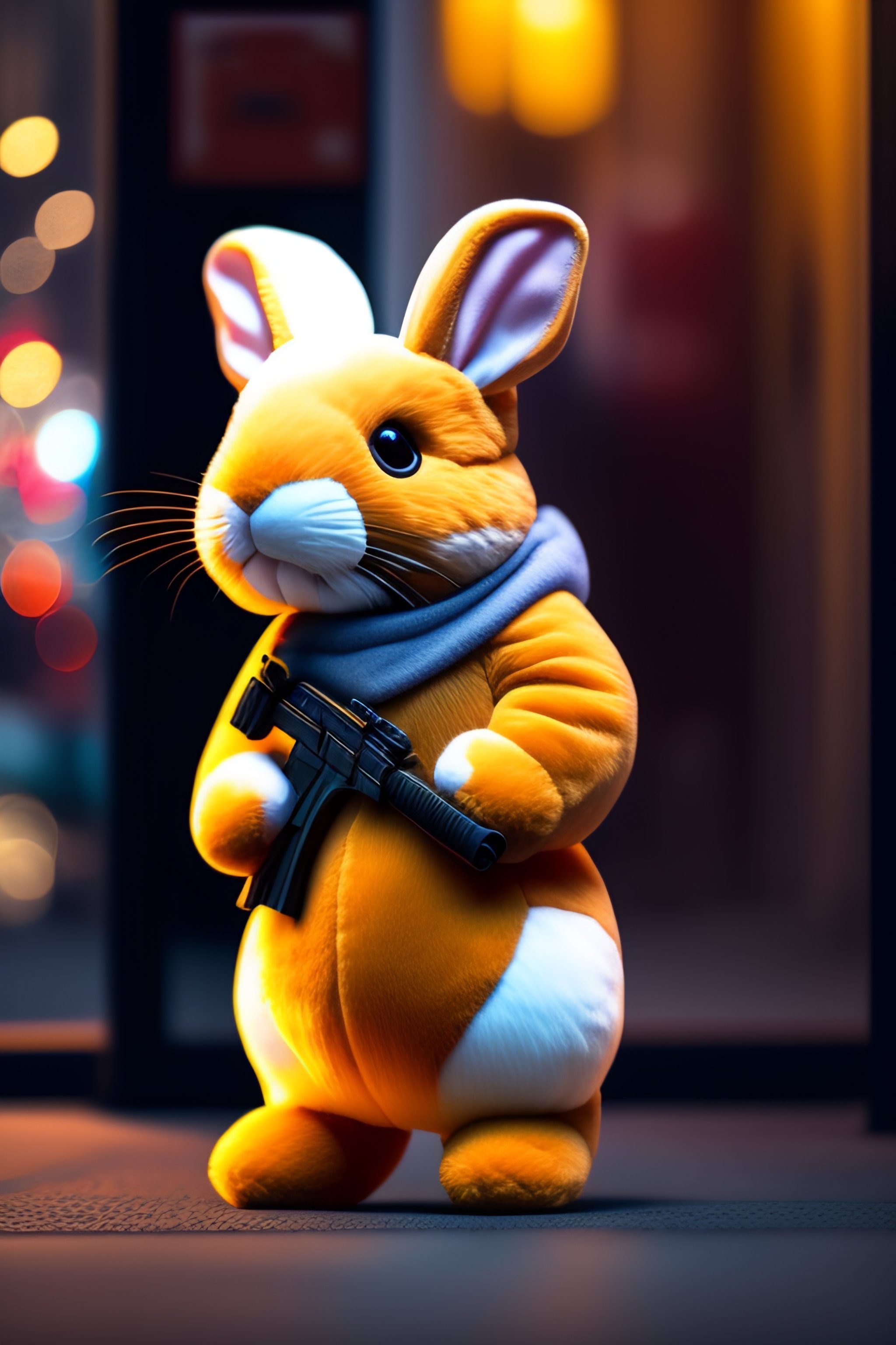 Lexica - Plush rabbit with gun and sunglasses in front of bank robbing ...