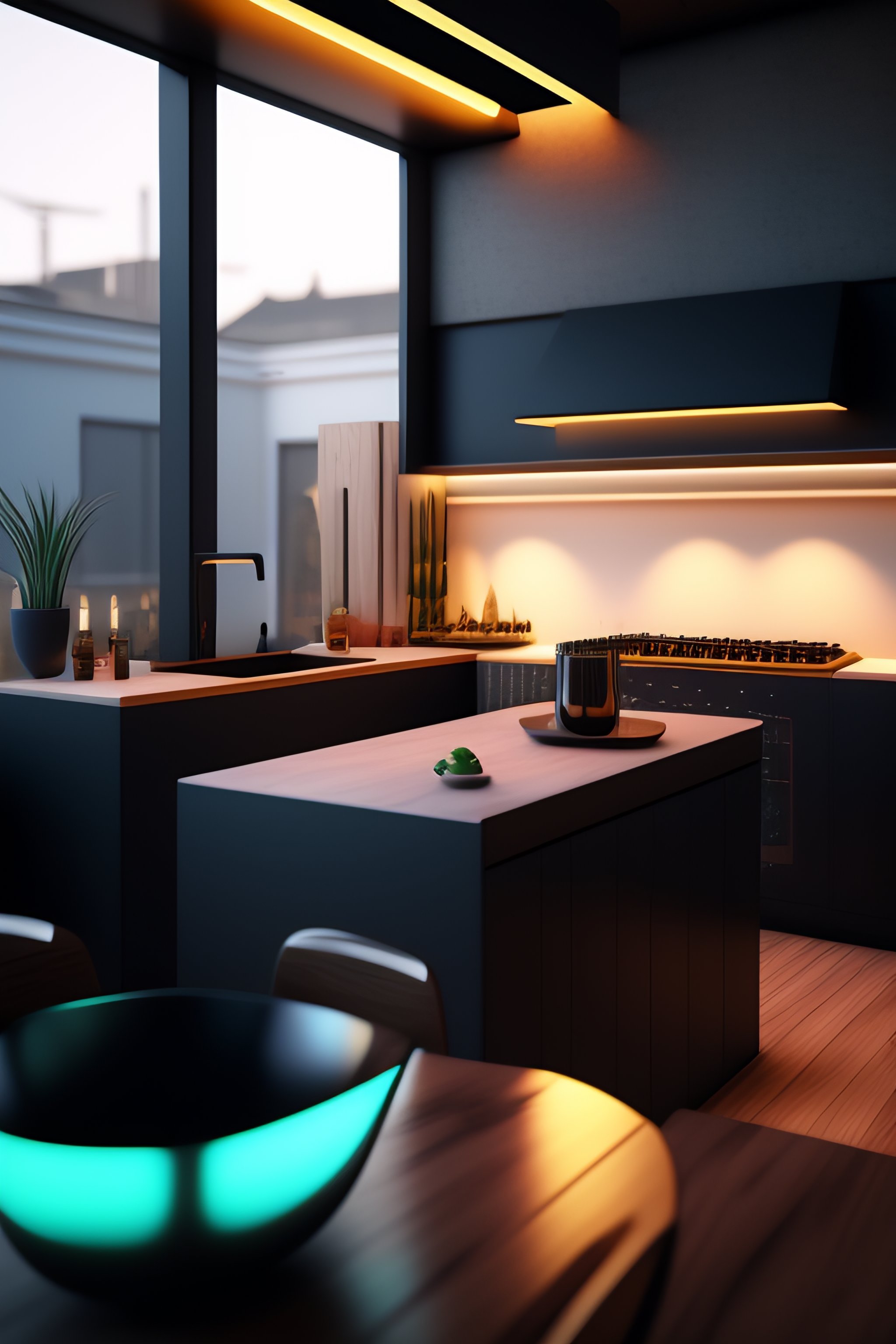 Lexica - Minimalistic cyberpunk kitchen, interior, neon, wood, concrete ...