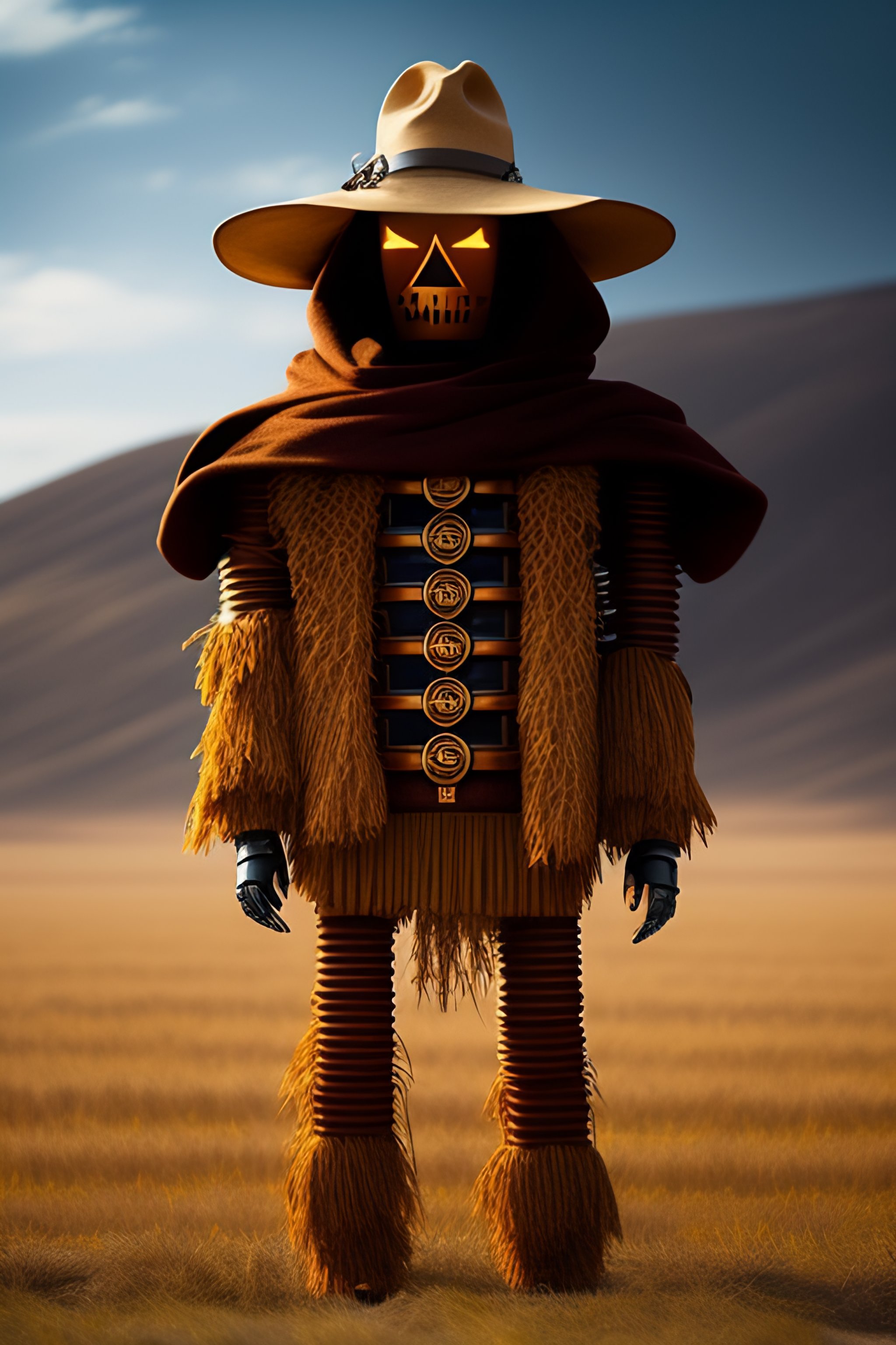 Lexica - A robot dressed like a scarecrow, movie like style