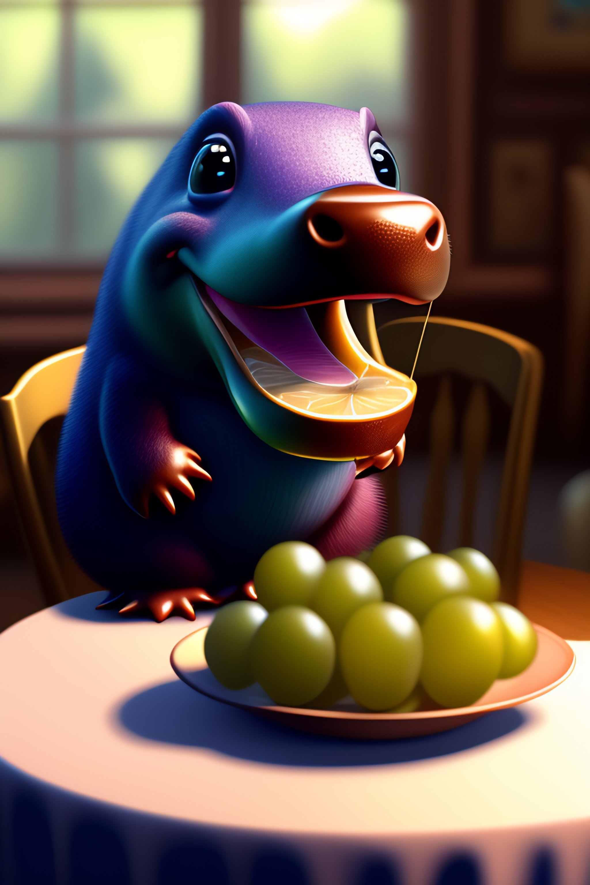 Lexica - Pixar art of a funny smiling platypus eating some grapes ...