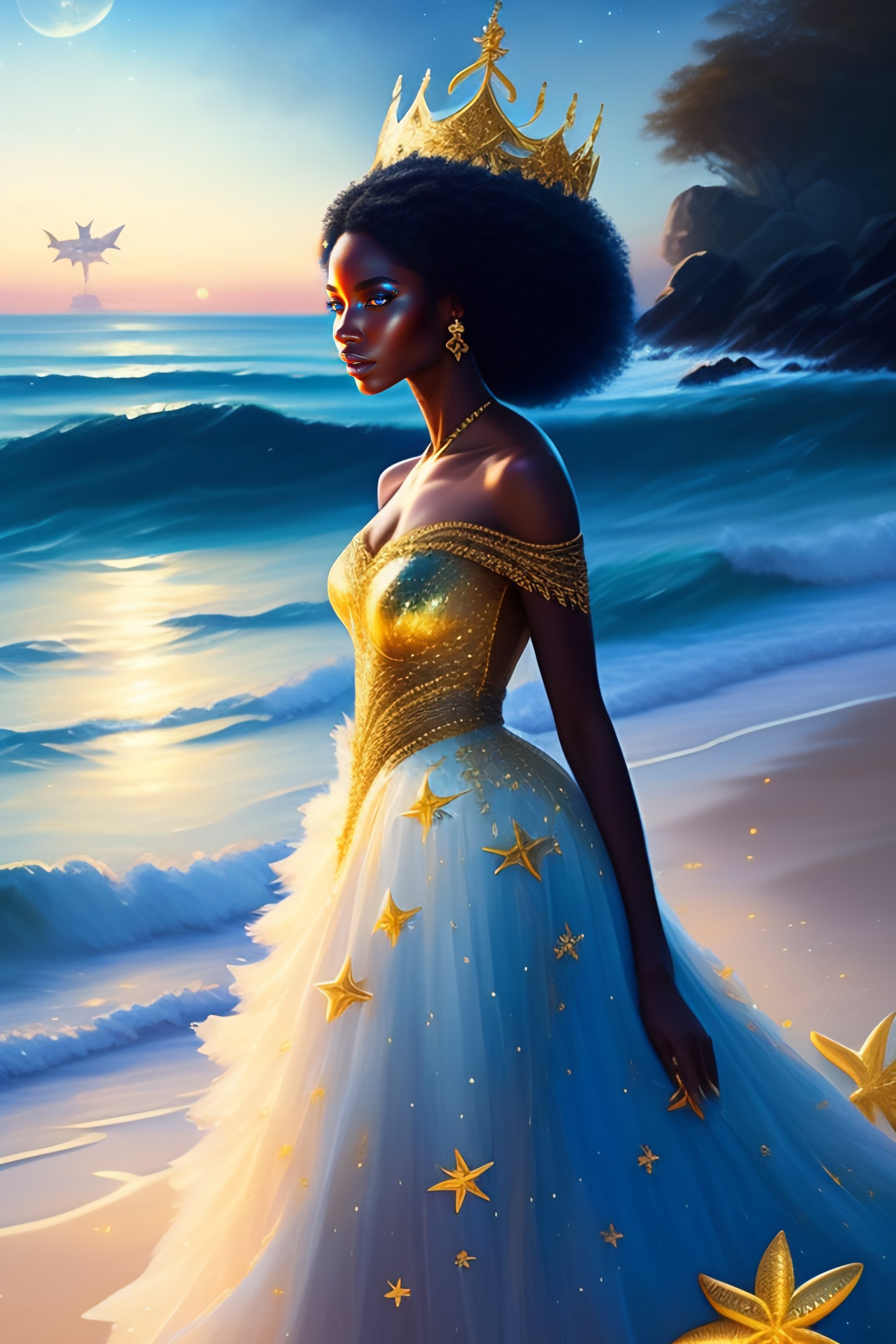 Lexica - Beautiful black princess wearing blue dress with gold crown ...