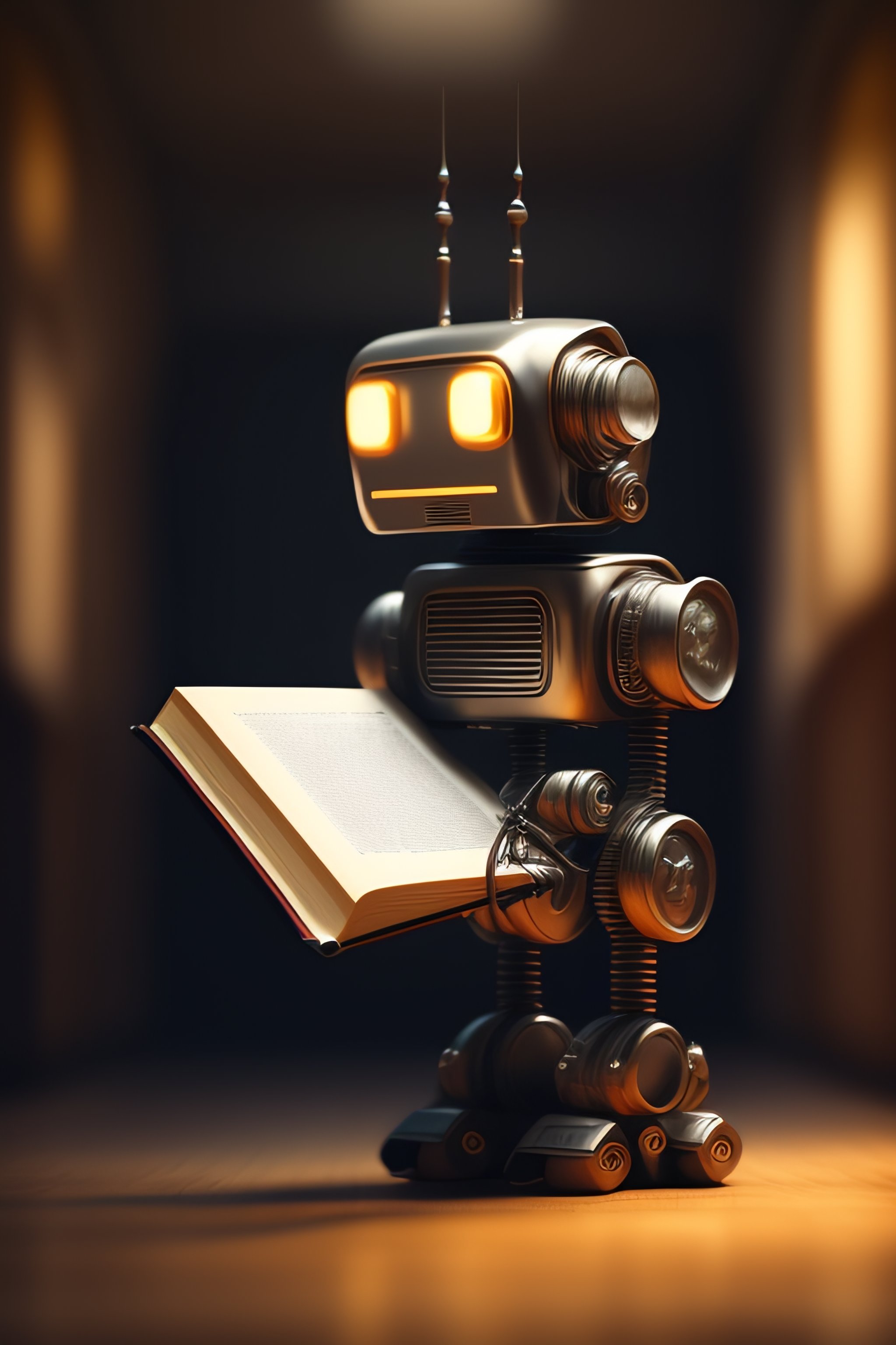 Lexica - A dead looking robot, takes a book, moving outside a dark room