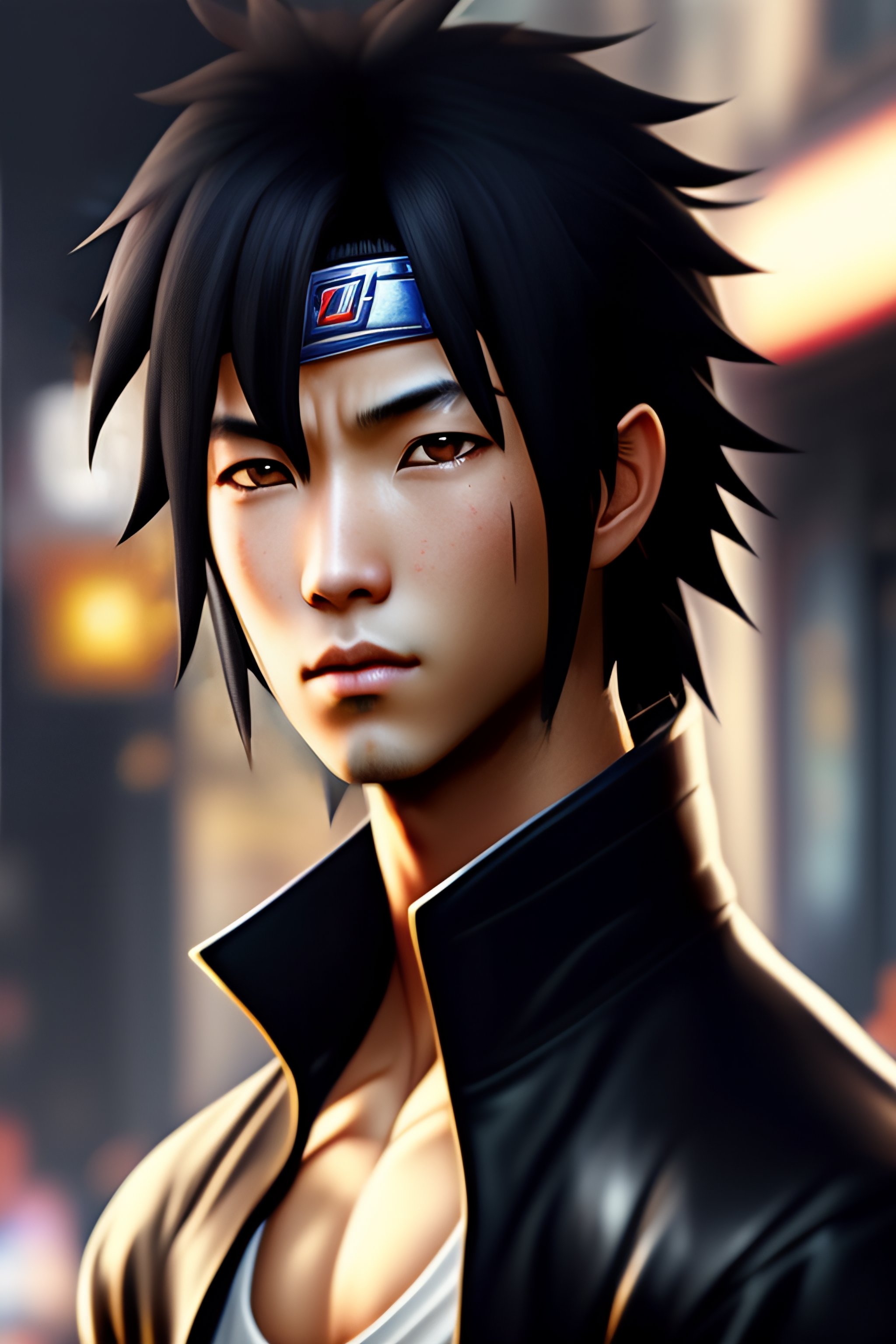 Lexica - Sasuke Uchiha, black hair, realistic, slum background