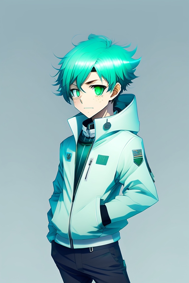 Lexica - Anime boy with green hairs and sparkling cyan eyes with a ...