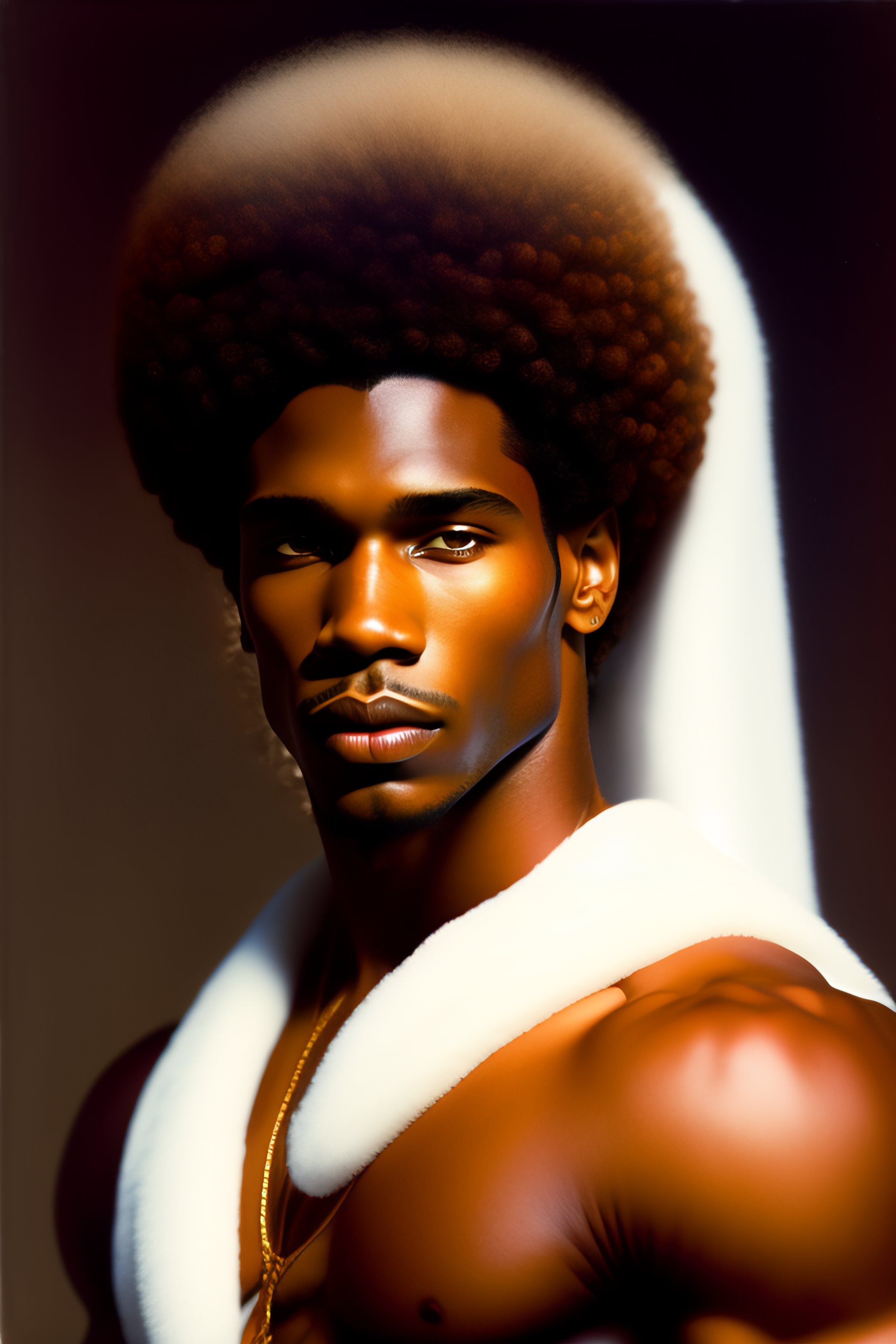 Lexica - Man, bronze skin, white afro, white robe dipped in blood,