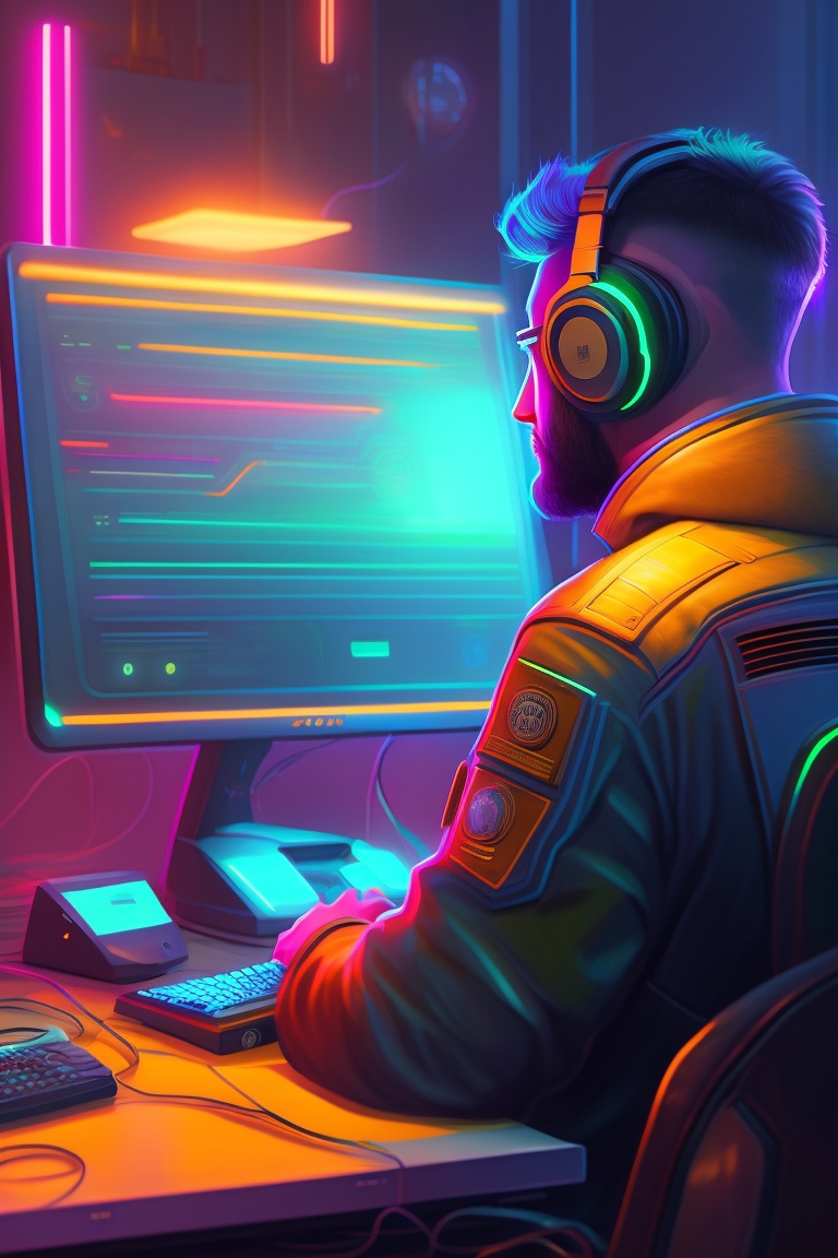 Lexica - A vibrant artstation illustration of a tech savy man playing ...