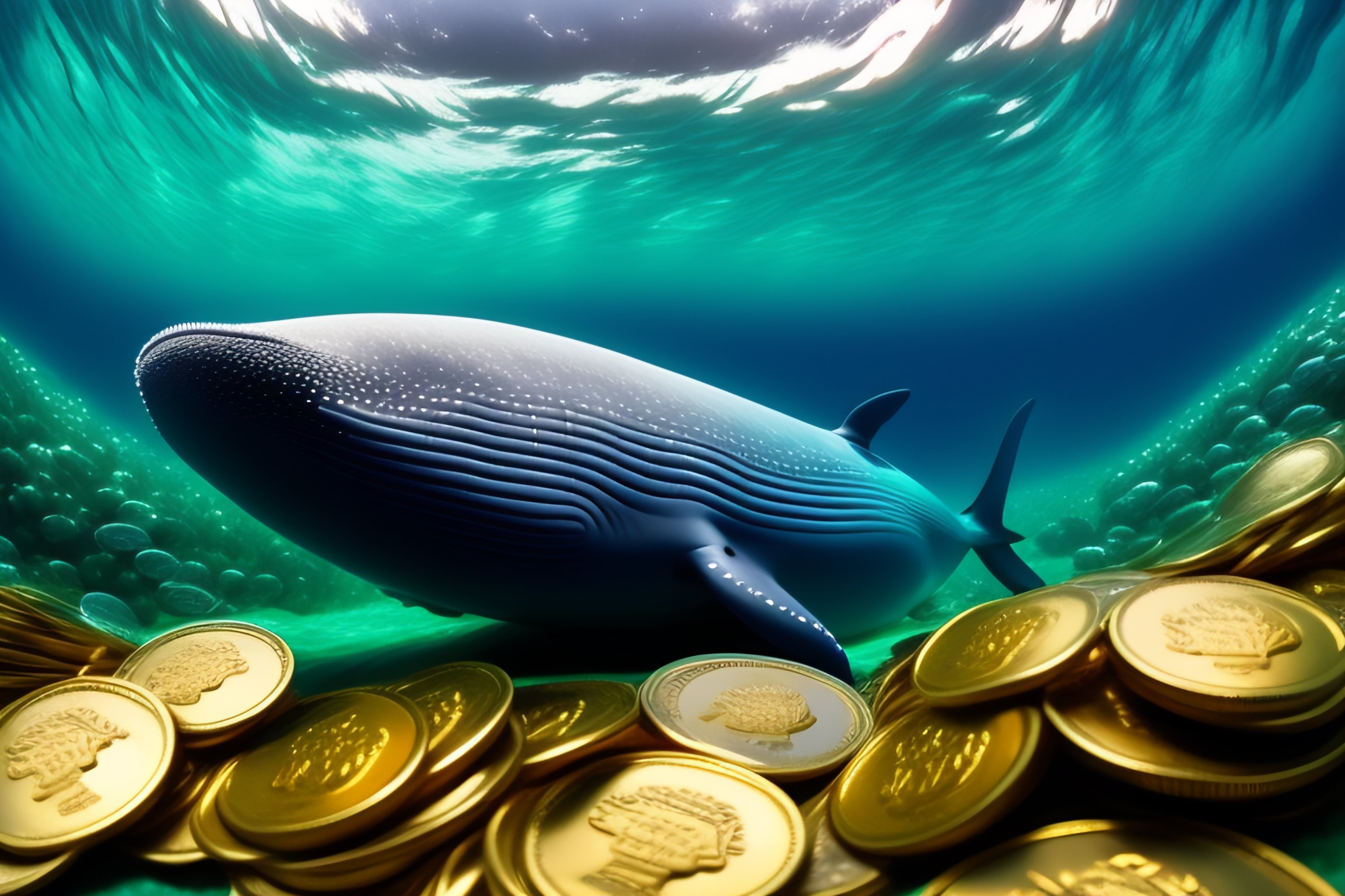 Lexica - A big whale floating in an ocean of golden coins and $100 ...