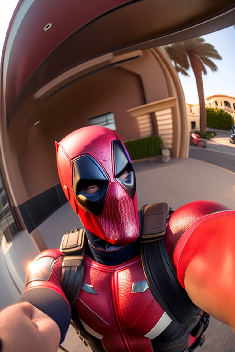 Lexica - Marvels Deadpool taking a selfie with a GoPro in Los Angeles, a selfie, one hand ...