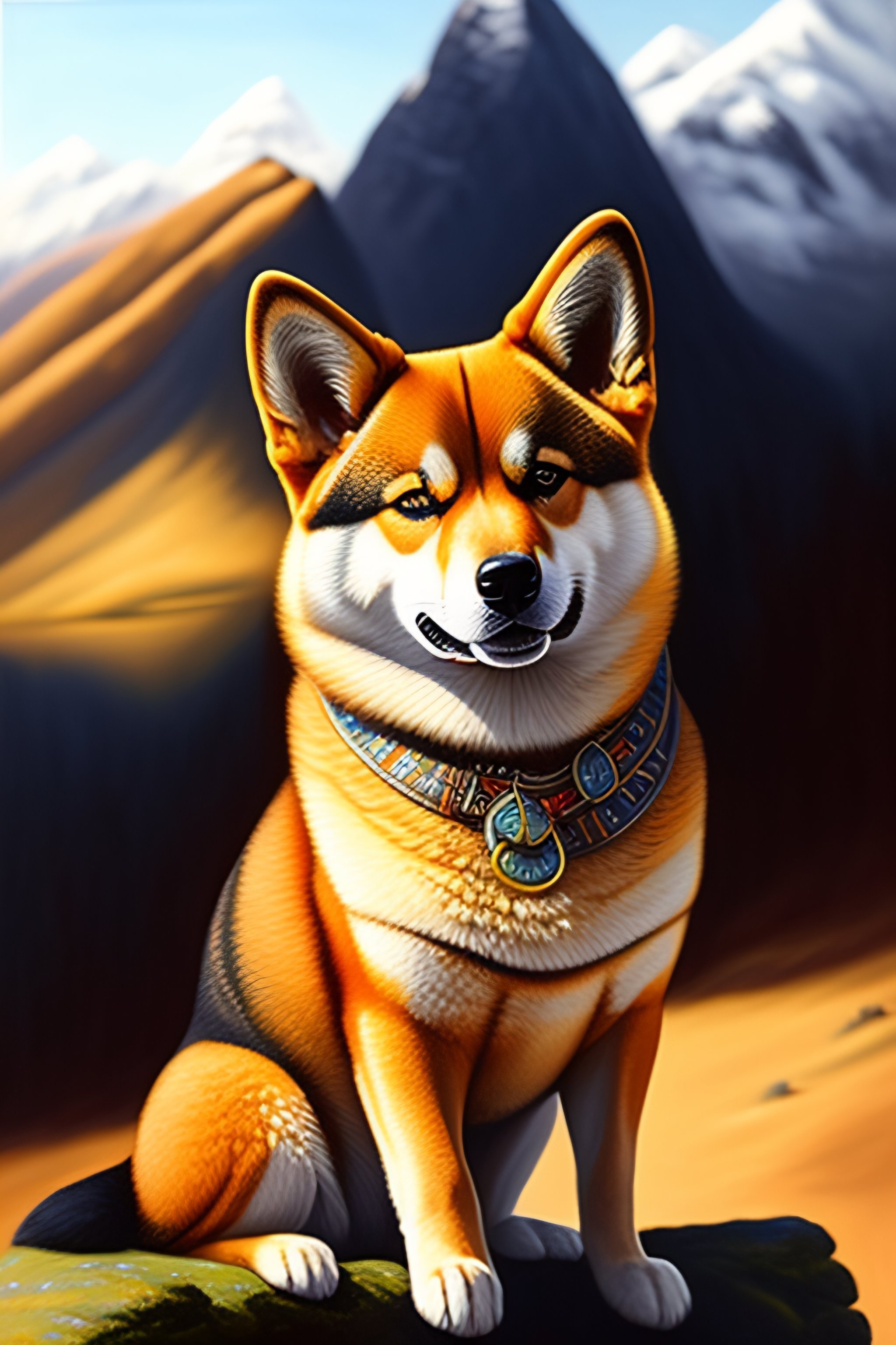 Lexica - Realistic painting of a smiling shiba dog sitting in front of ...