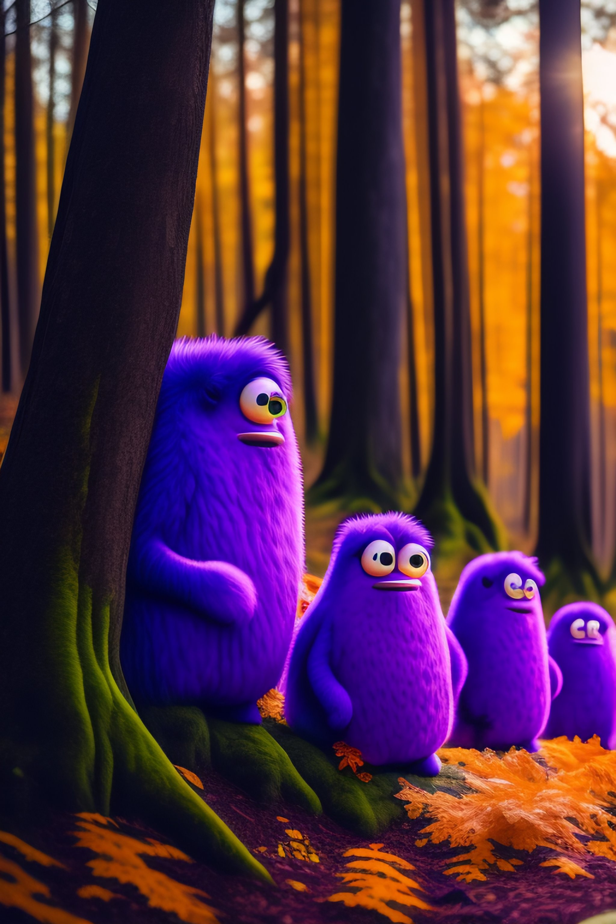 Lexica - Purple monsters in a grove of trees in the fall