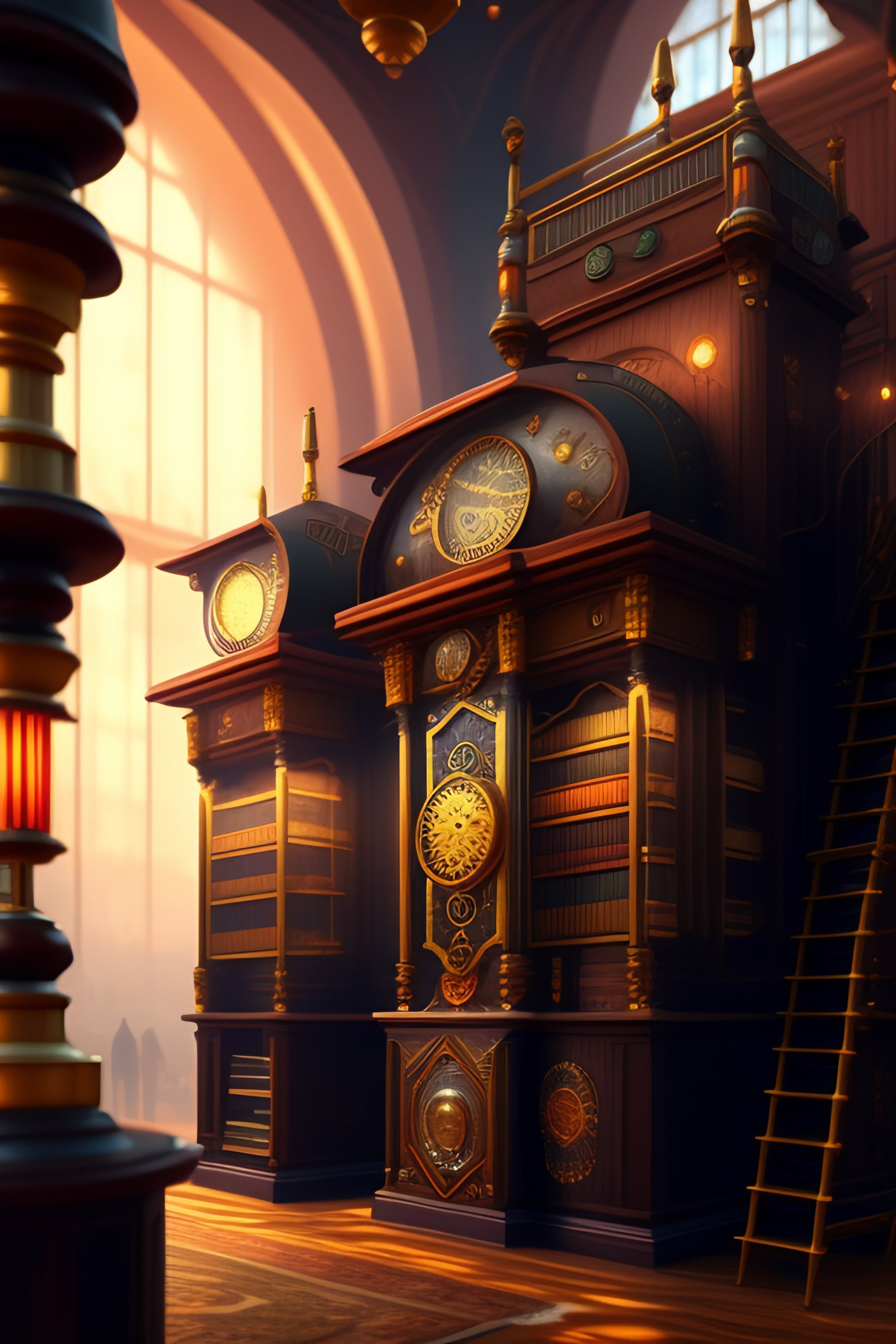 Lexica - A digital illustration of a steampunk library with clockwork ...