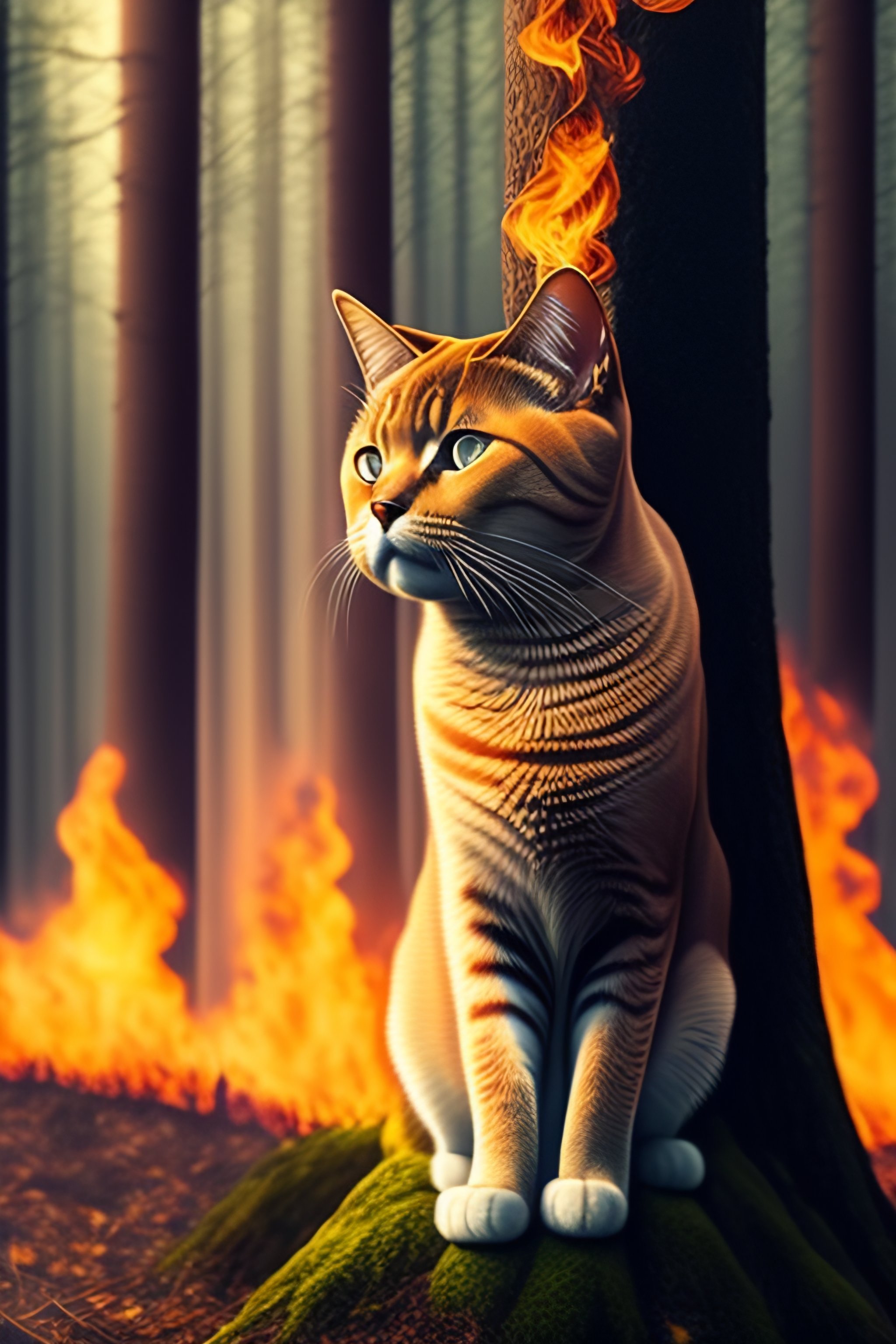 Lexica - British shorthair cat warrior next to trees that burns from fire