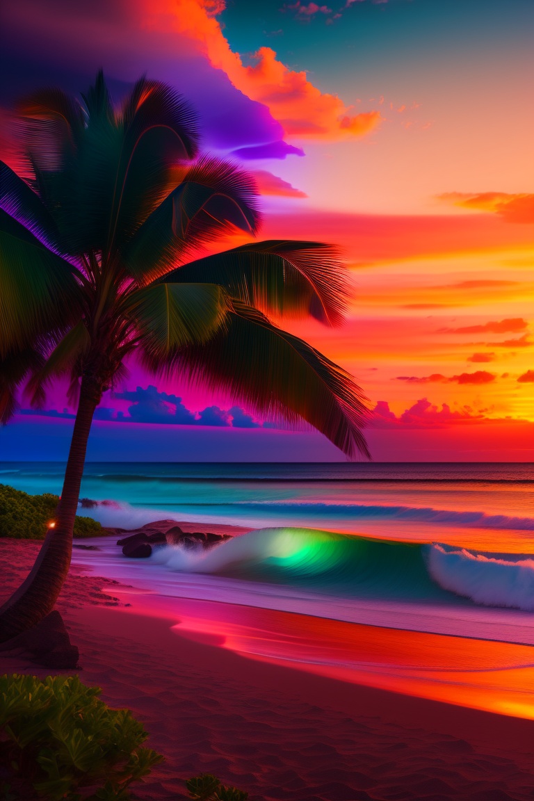 Lexica - Sunset on the beach with palm trees and the ocean, amazing ...