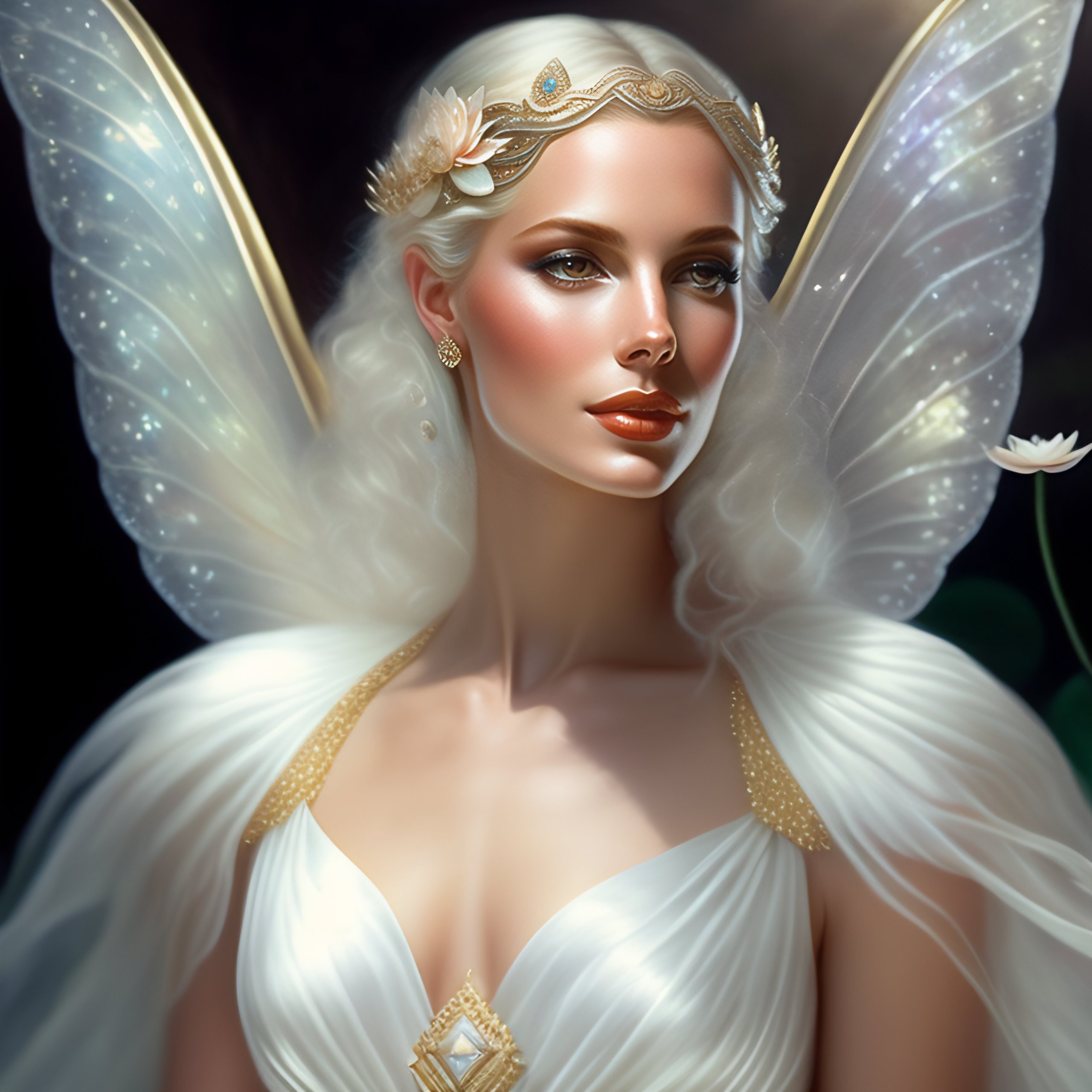Lexica - Fairy wearing a white silk Greek gown standing on a mother of pearl in the centre of a ...