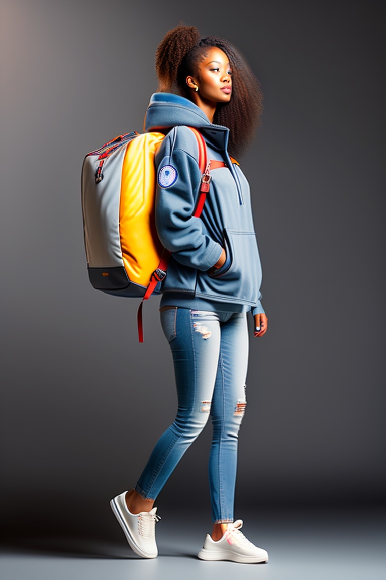 Lexica - A women standing with her left leg up a step, in jeans and a ...