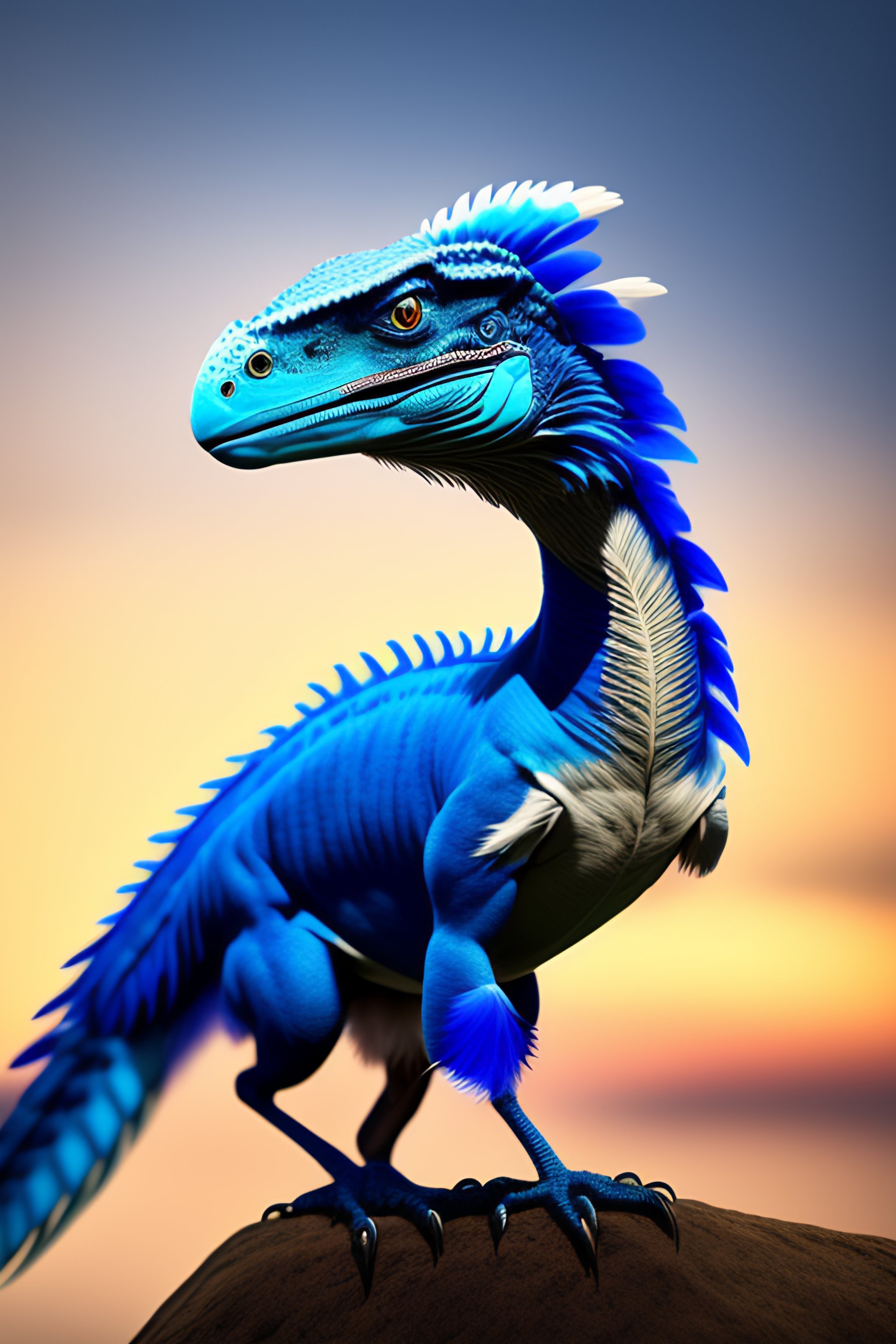 Lexica - Blue velociraptor with feathers and beak