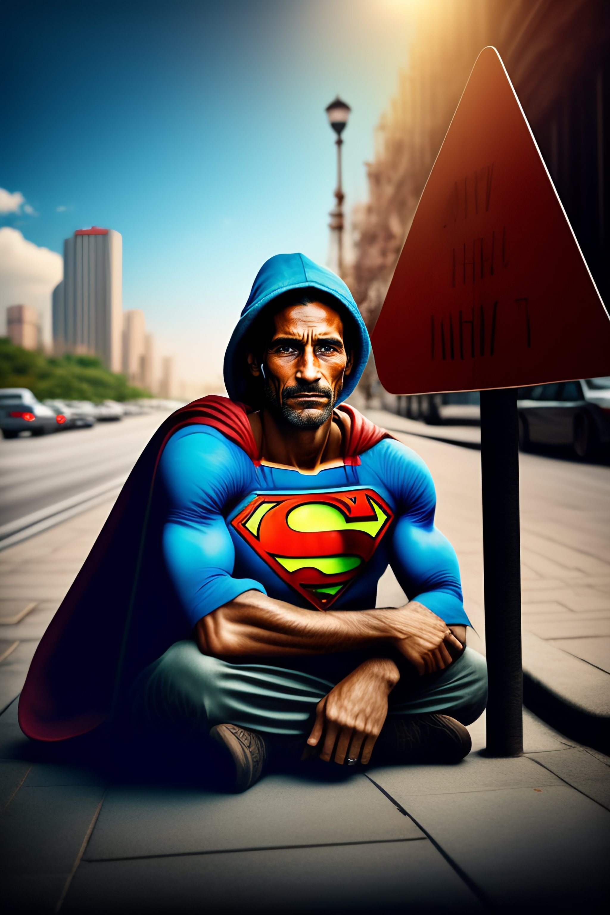 Lexica - Poor beggar. homeless on the street. cardboard sign. superman