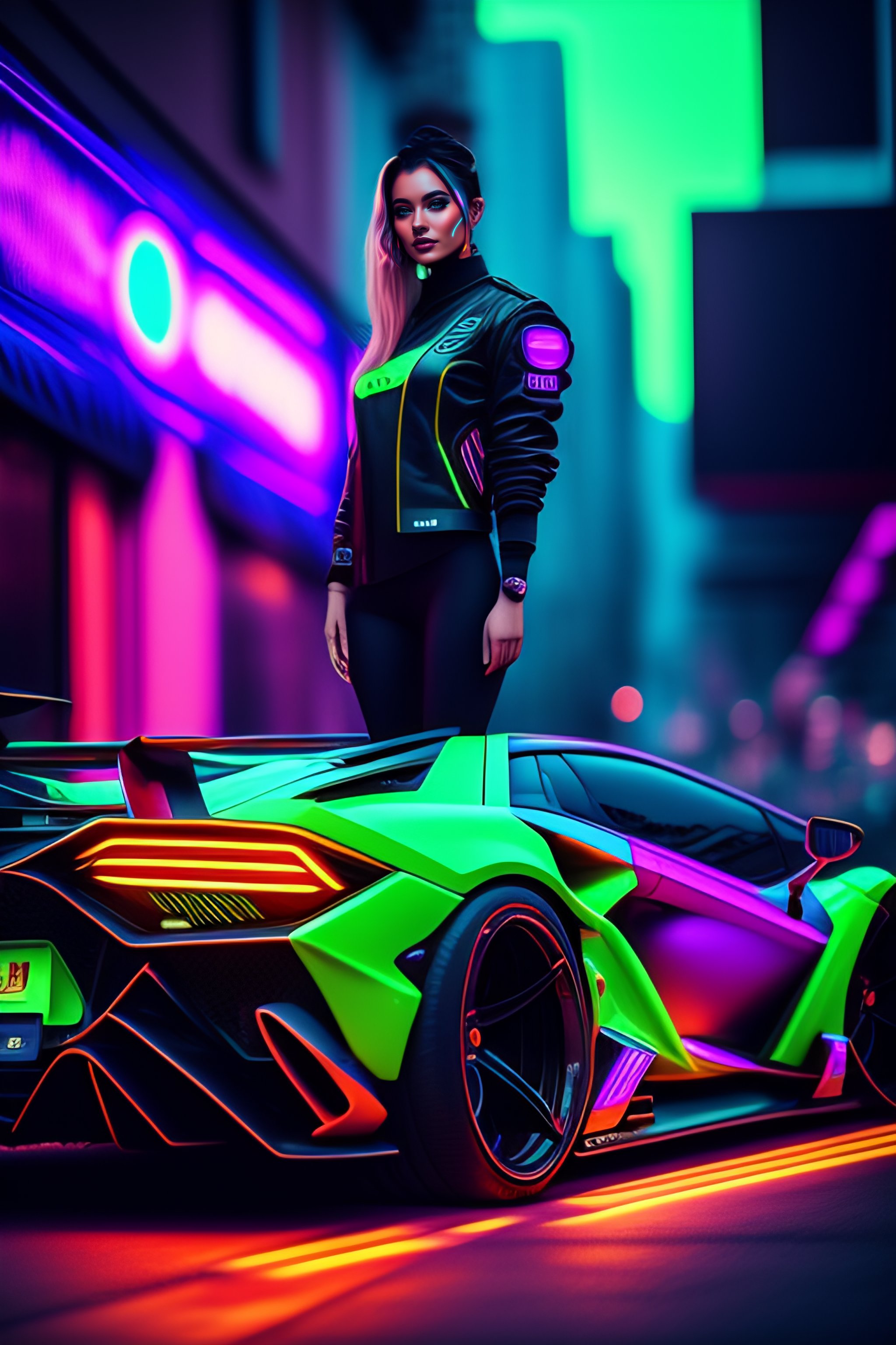 Lexica - Cyberpunk edgerunners, neon glowing, girl, lamborghini, 8k