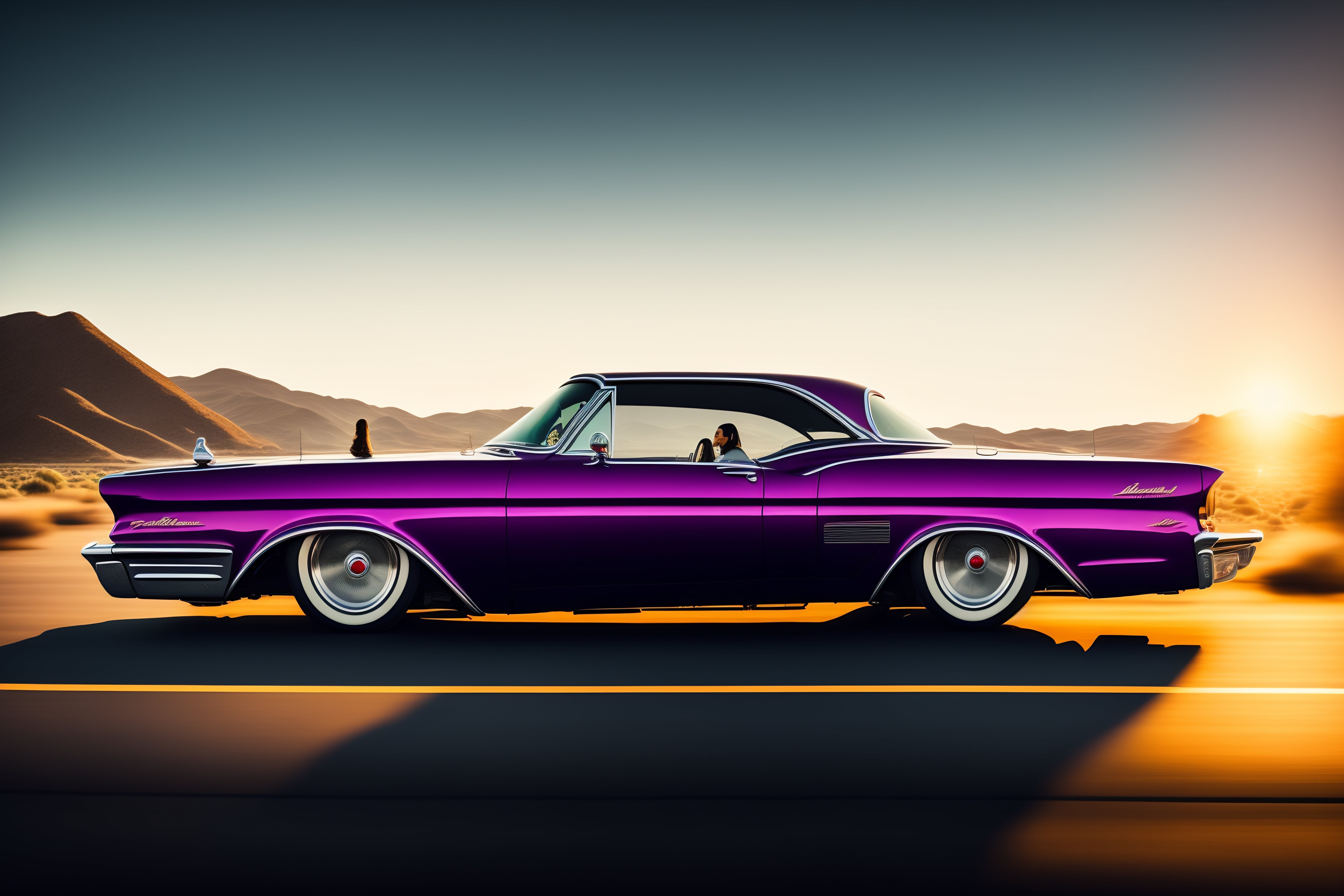 Lexica - The side of a lowrider with a woman driving on the freeway