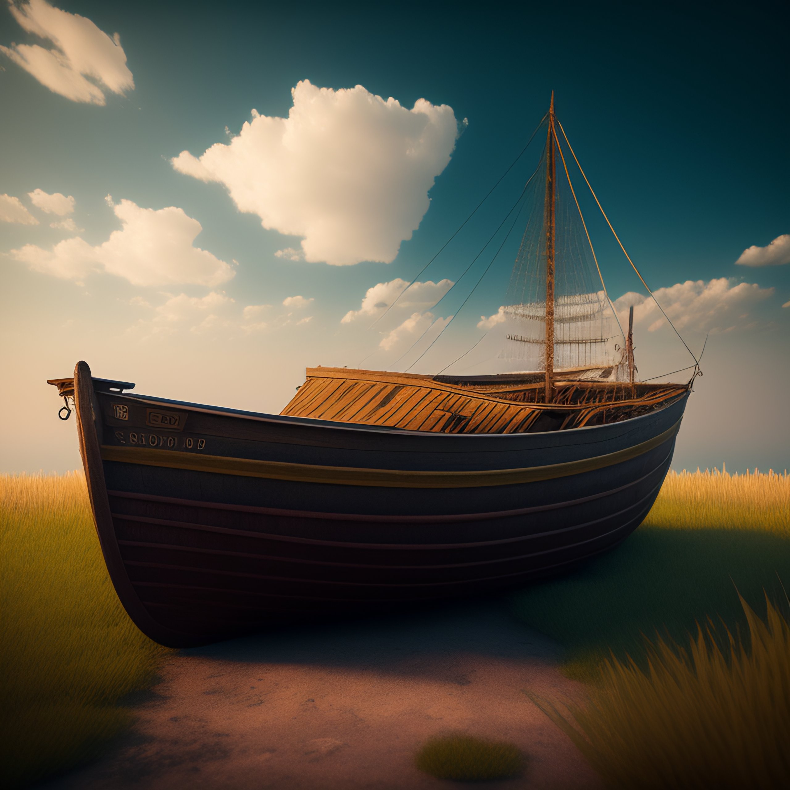 Lexica - Old boat held by a balloon, clouds, dead leaves, dirty colors ...