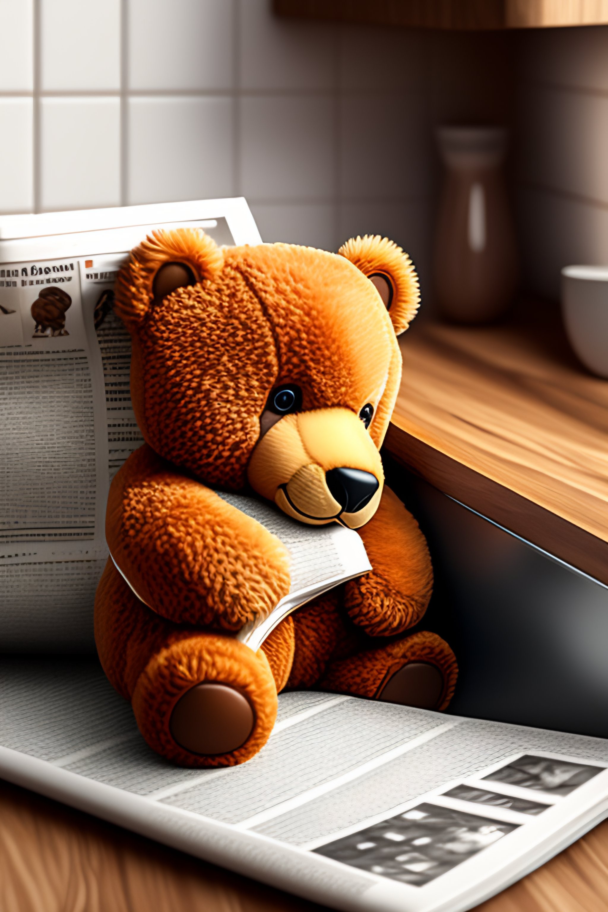 Lexica - Cute teddy bear reading newspaper in the kitchen