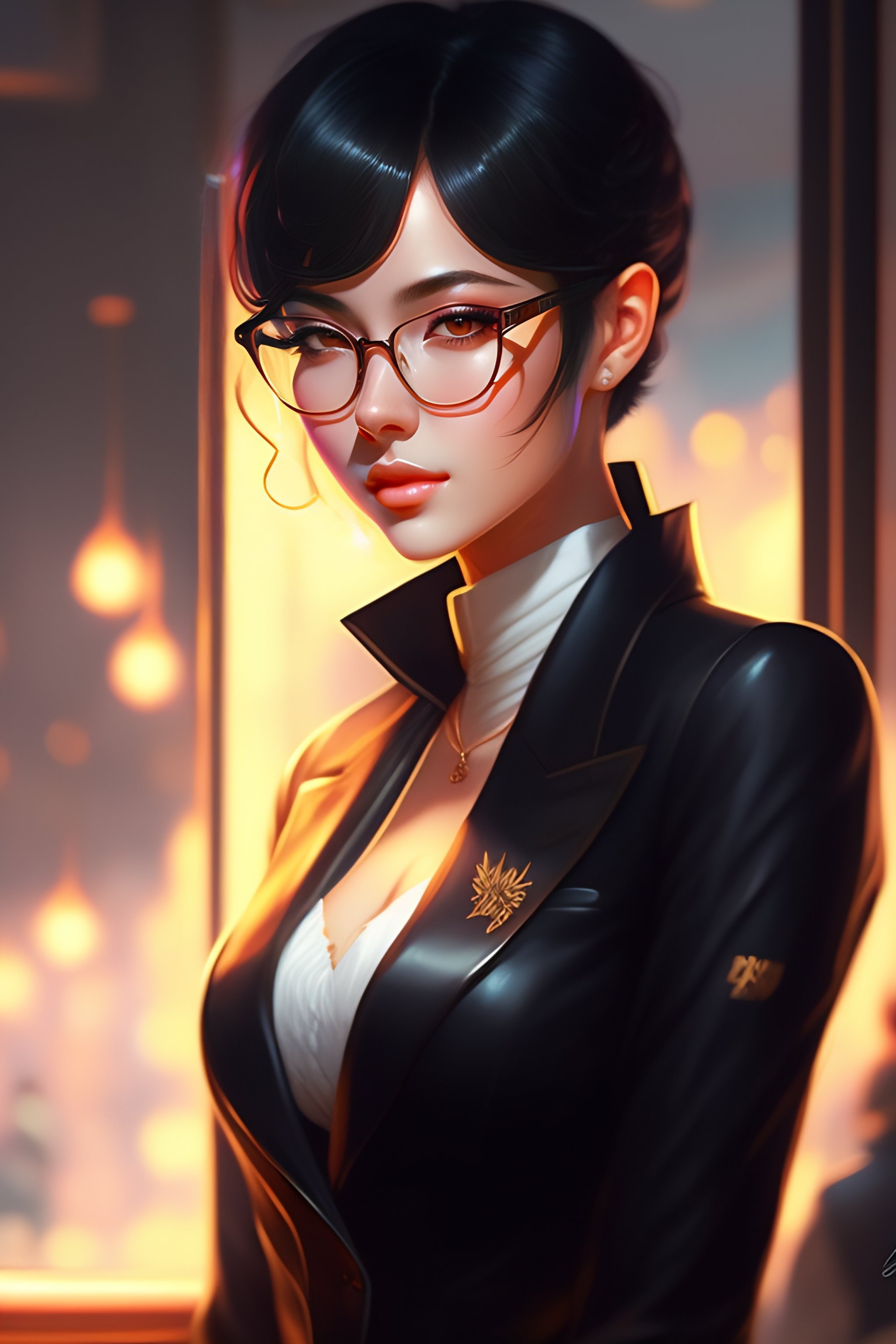 Lexica - Beautiful anime girl with short black hair, glasses, bar ...