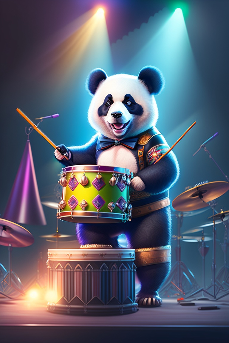 Lexica - Cartoon realistic panda in costume playing drums on stage ...