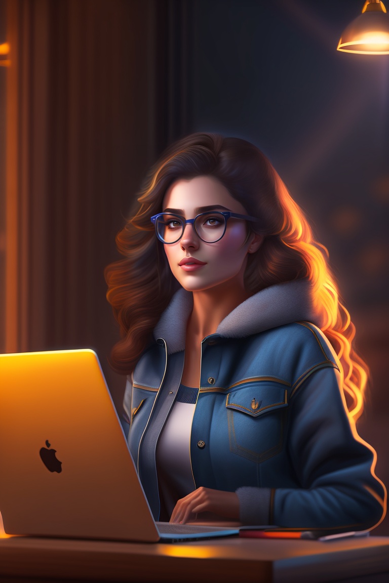 Lexica - Beautiful brunette girl programming late and sunglasses, with sweatshirt, macbook ...