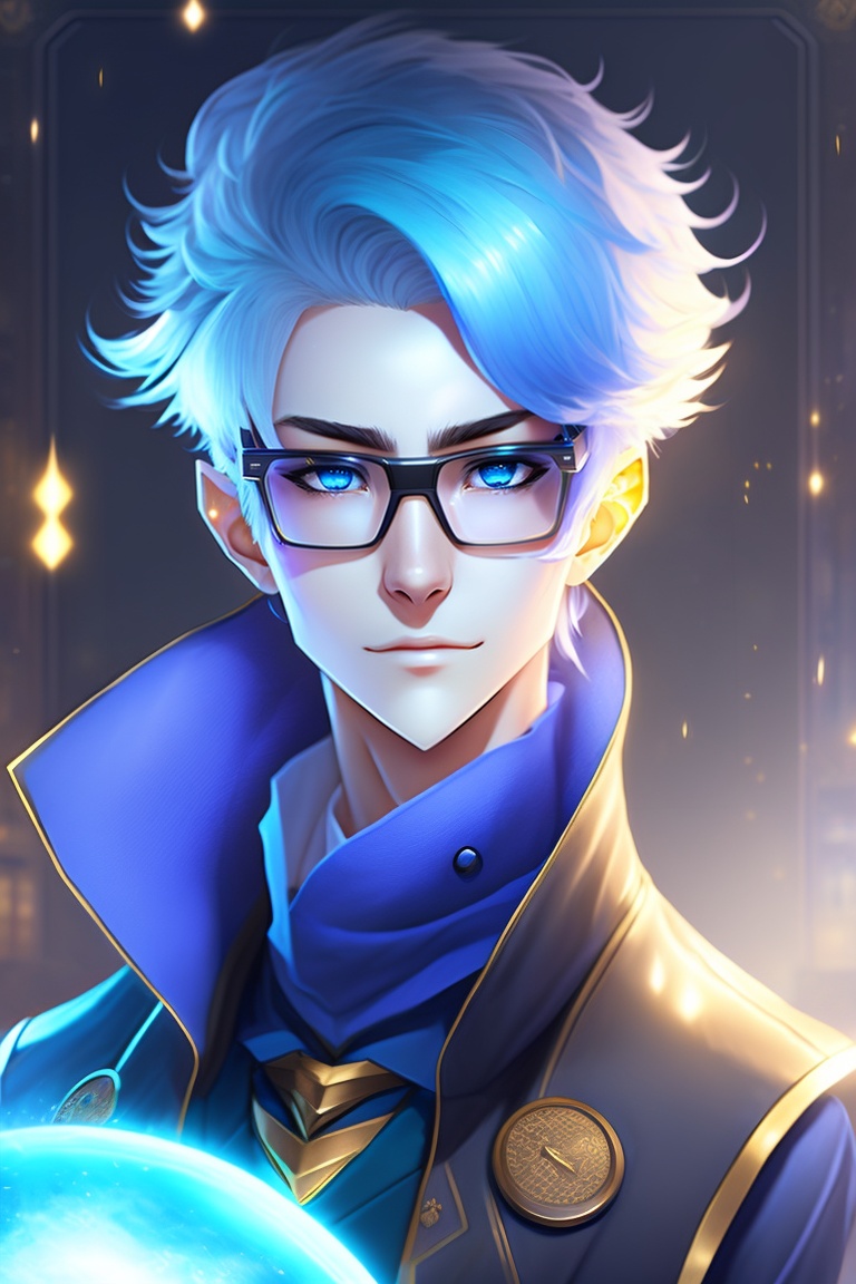 Lexica - Young-professor, blue hair, white hair, black clothes, golden ...