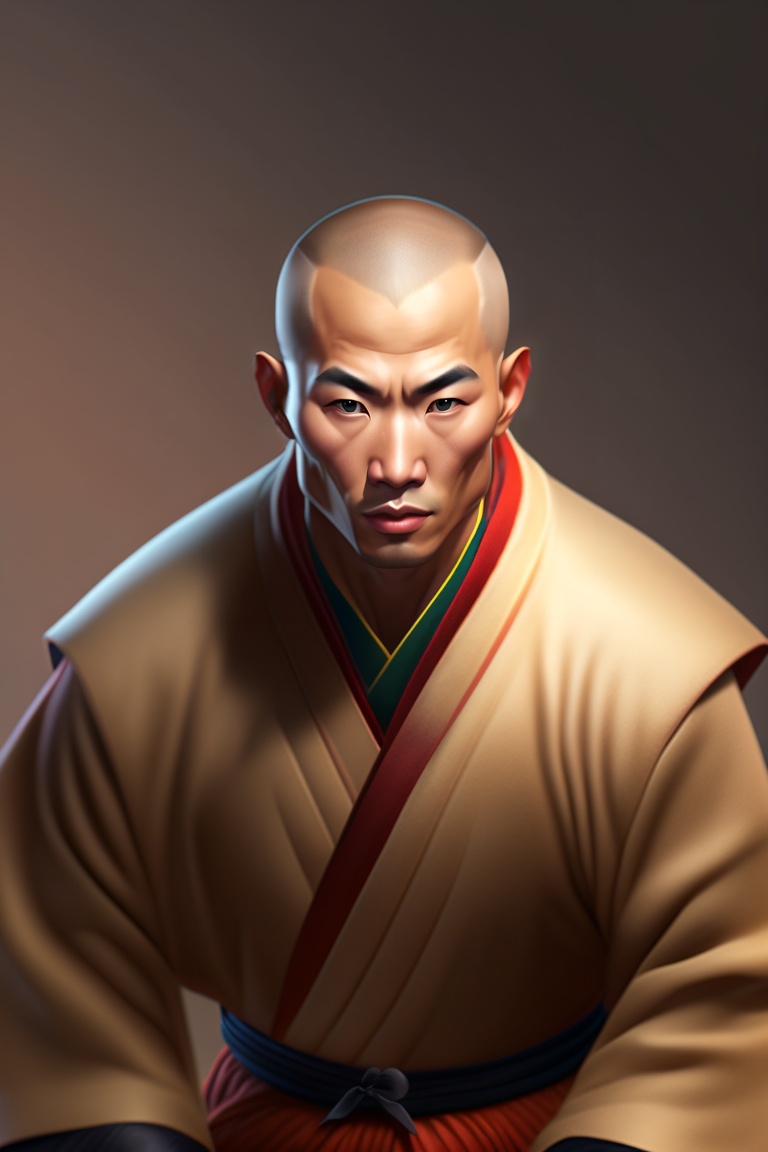 Lexica - A Shaolin man , no hair , old outfit ,zoom above chest ...