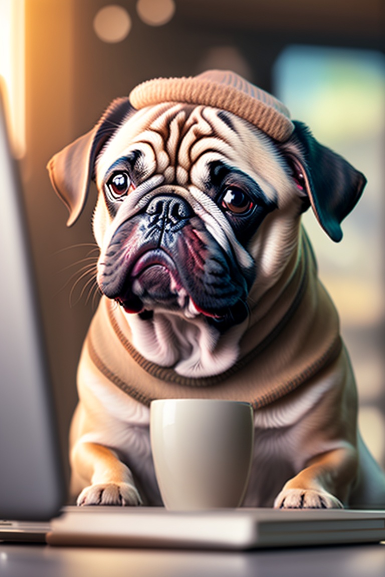 Lexica - Portrait of a pug in front of a computer, head slightly tilted ...