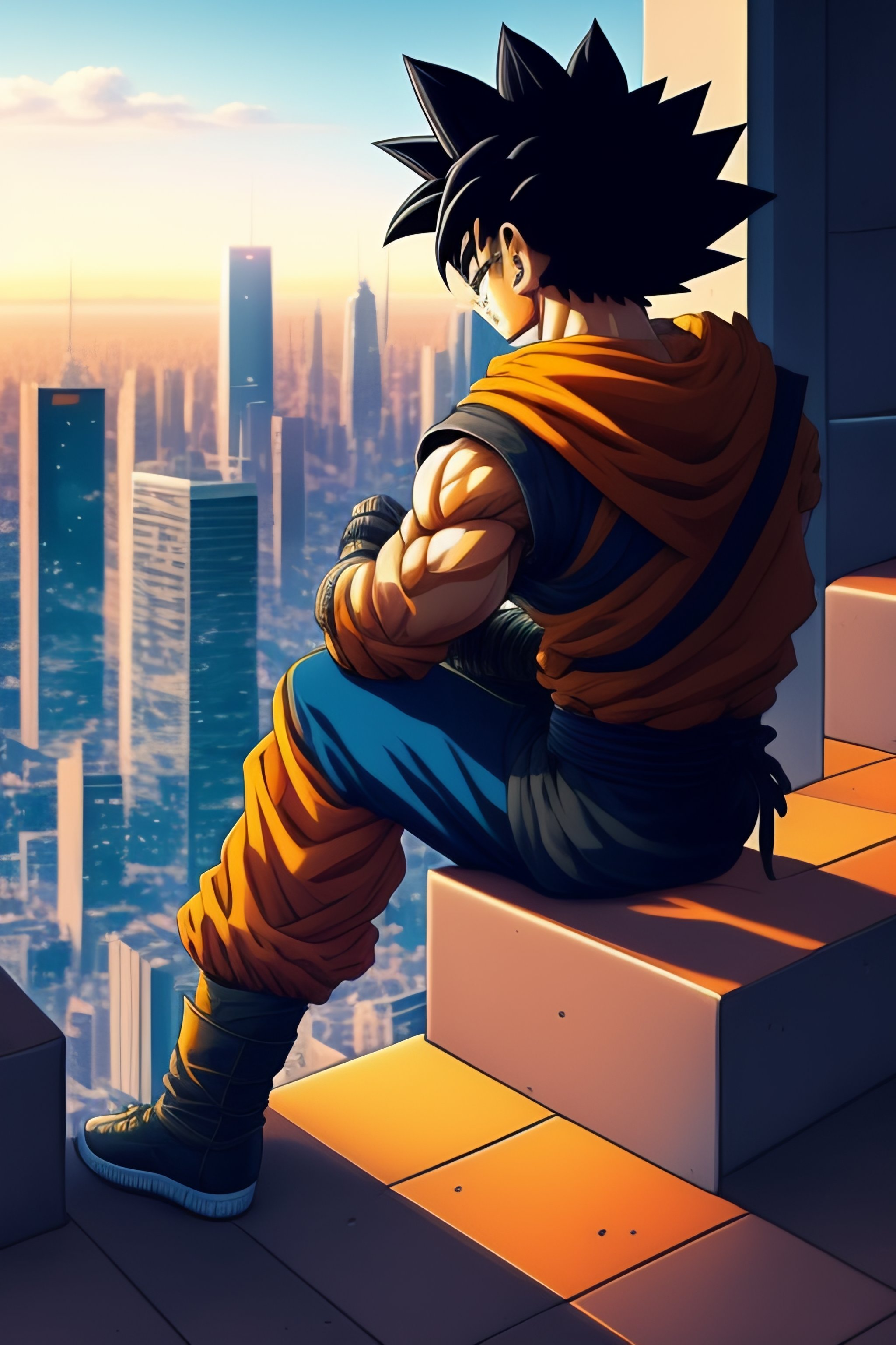 Lexica - Goku sitting on a roof looking down at a city below, extremely ...