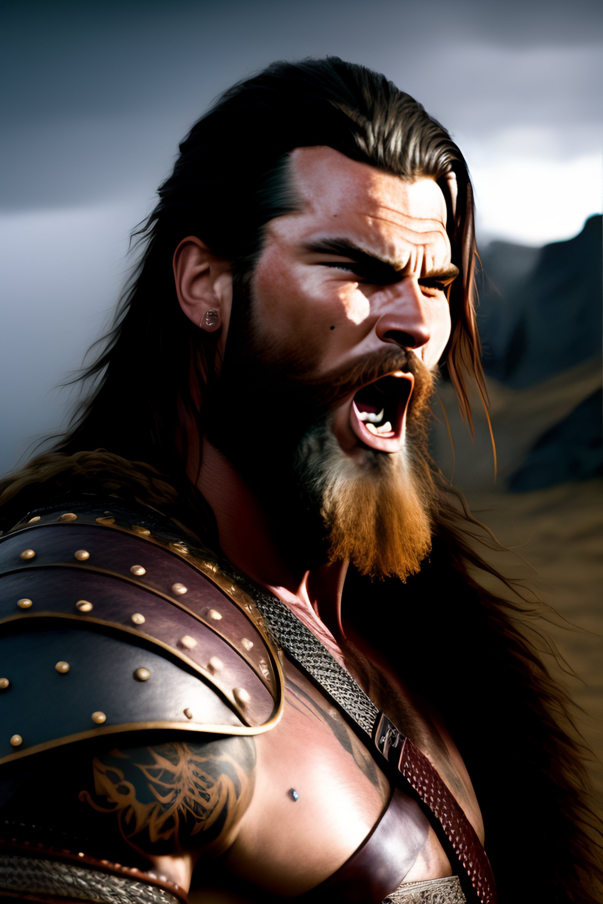 Lexica - Medium action shot photo of a rugged tattooed male viking with ...