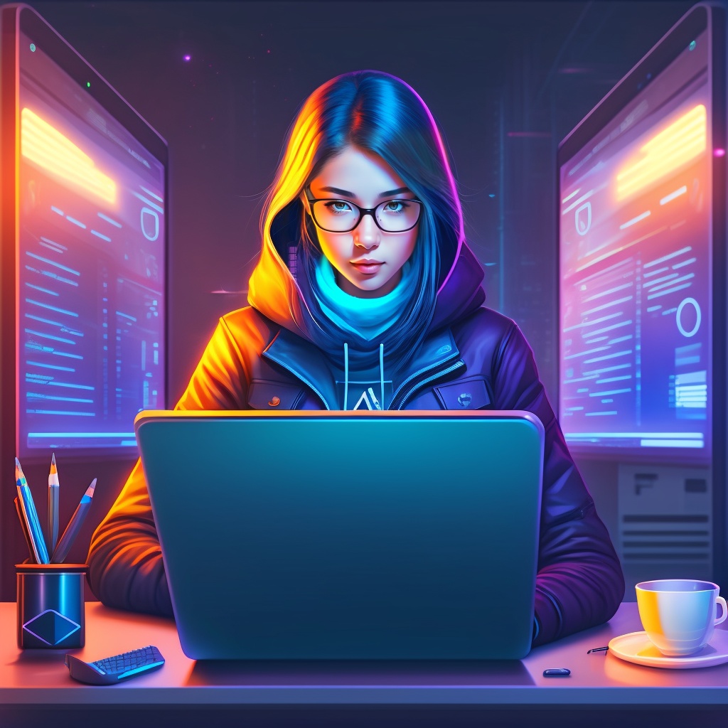Lexica - Programmer girl studying in the computer, hacker, cyberpunk