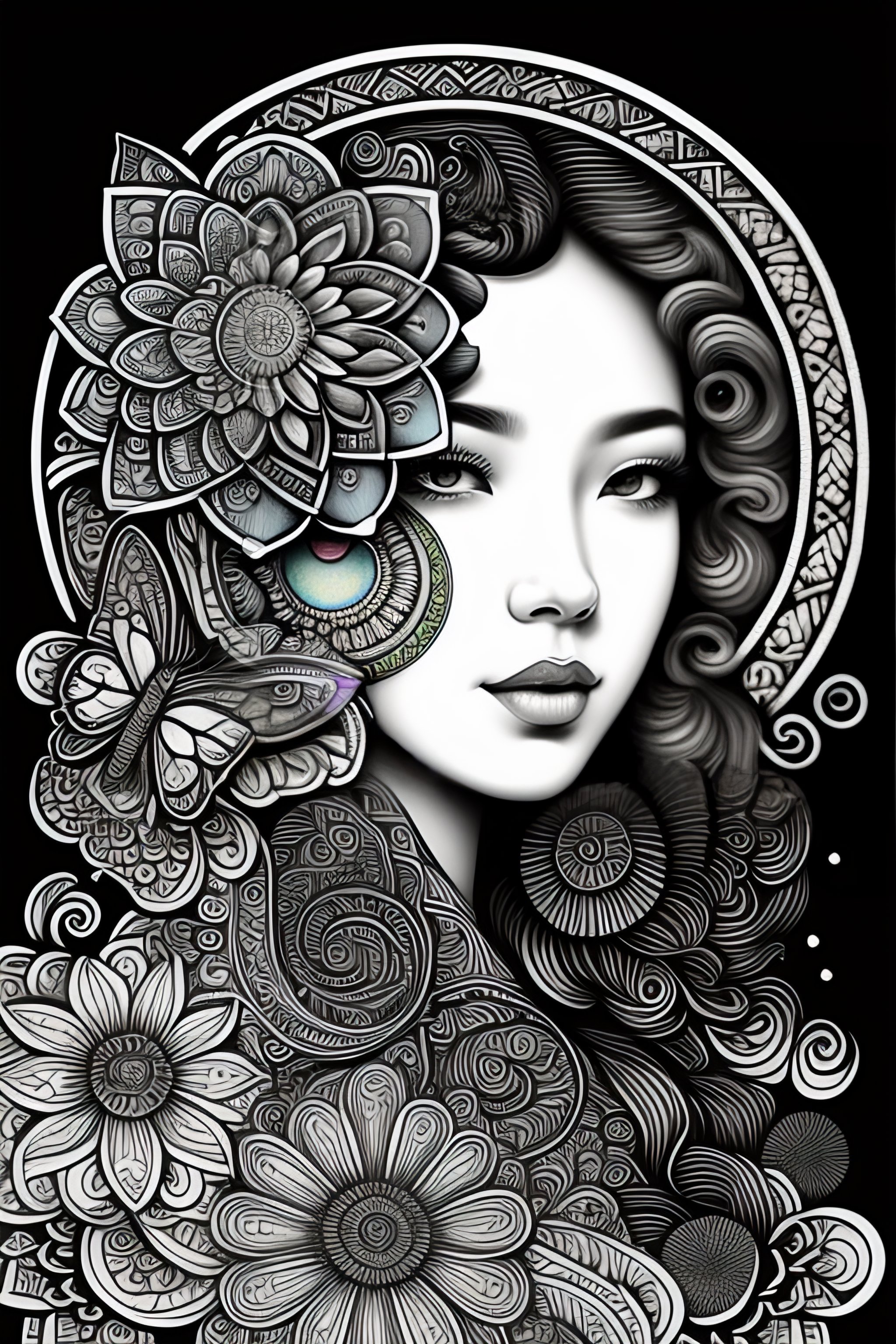 Lexica - Coloring book image, mandala style, curly hair girl, flowers ...