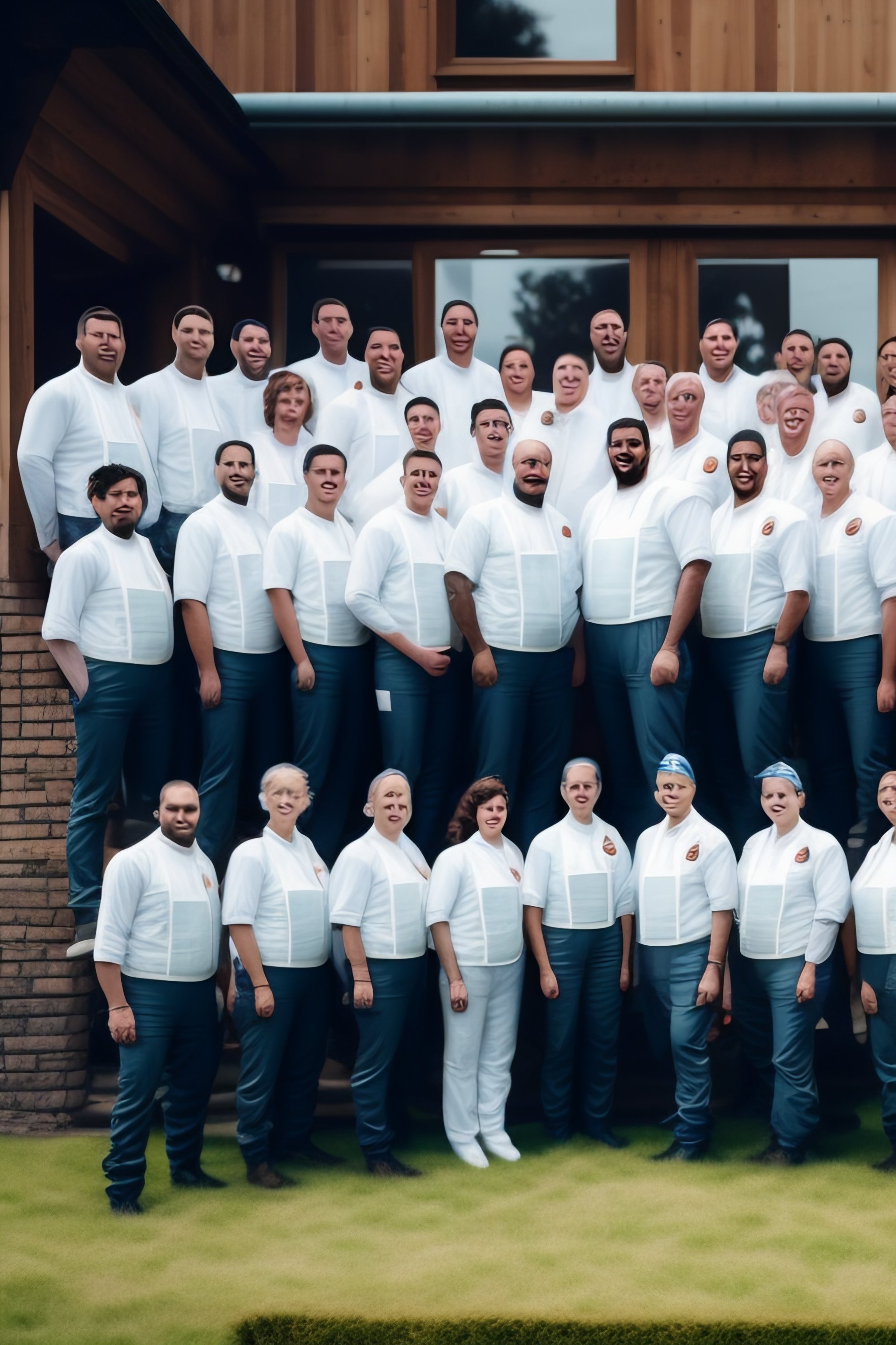 Lexica - An army of smiling painters wearing white dungarees, wide ...