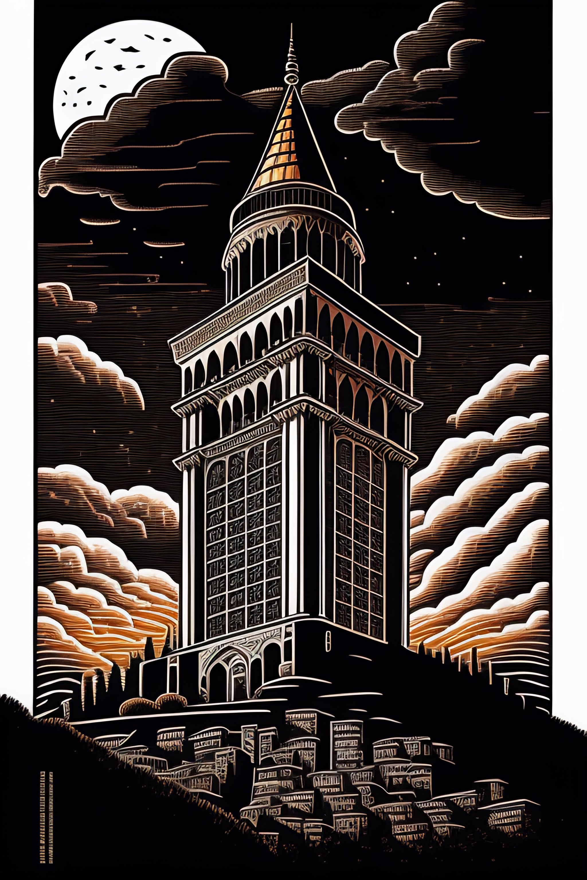Lexica - An ultra detailed linocut of a lonely and impossibly tall ...
