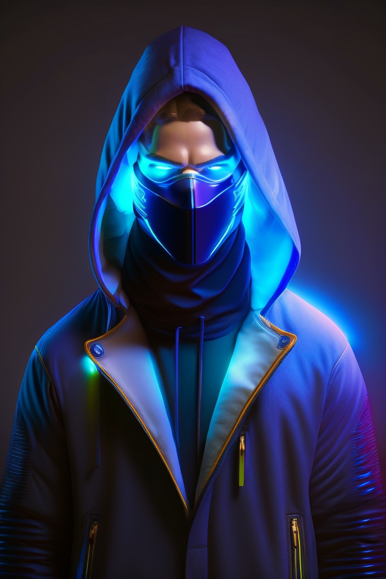 Lexica - Hooded man, dark style, neon blue lights and mask, dark