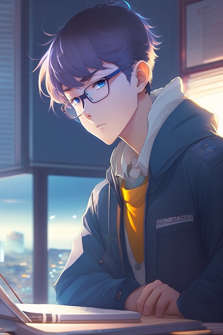 Lexica - A nerdy anime boy is problem solving alone thinking about ...