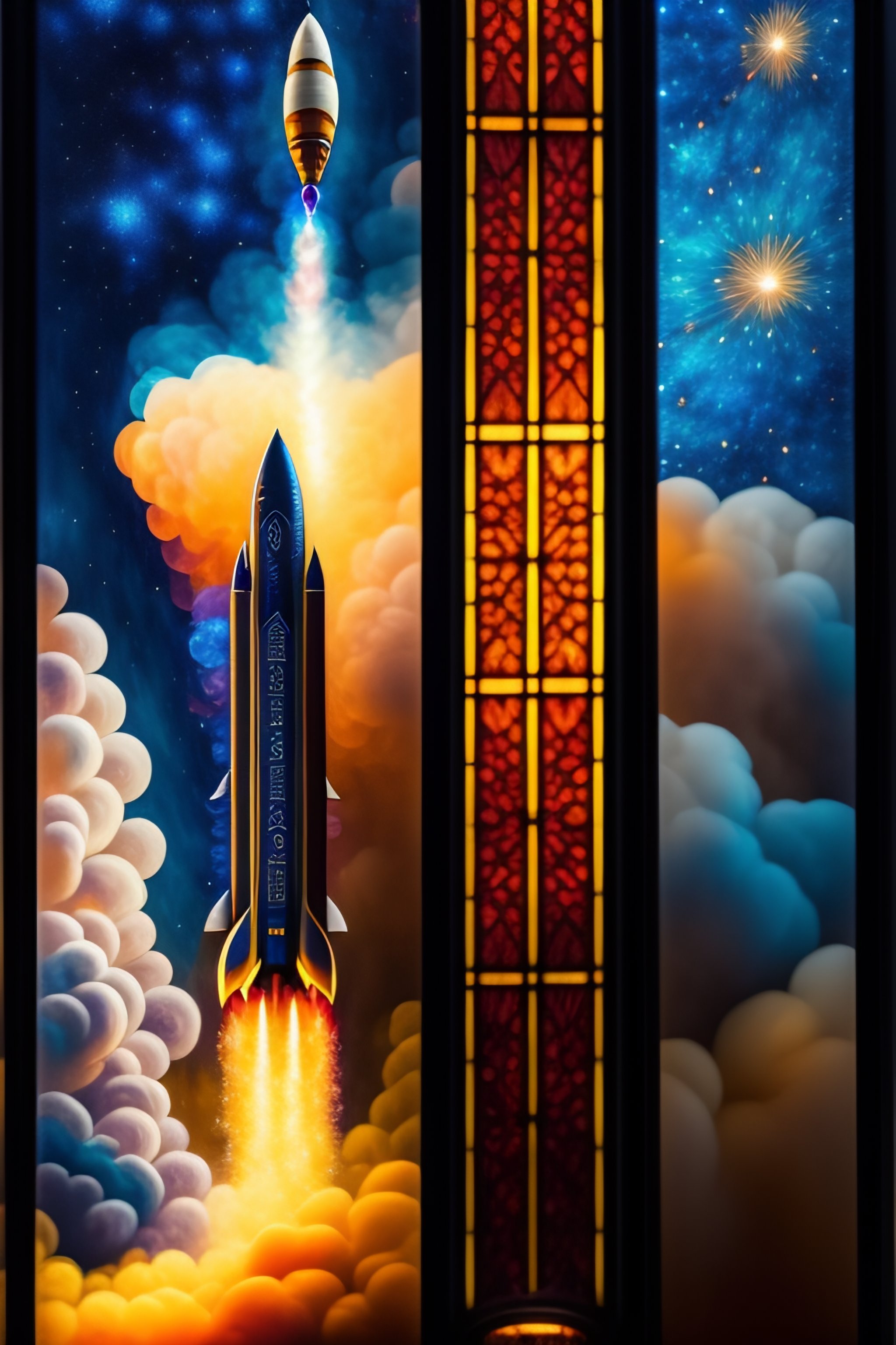 Lexica - Rocket launch, center composition, detailed stained glass intricate, 8k, plume of smoke ...
